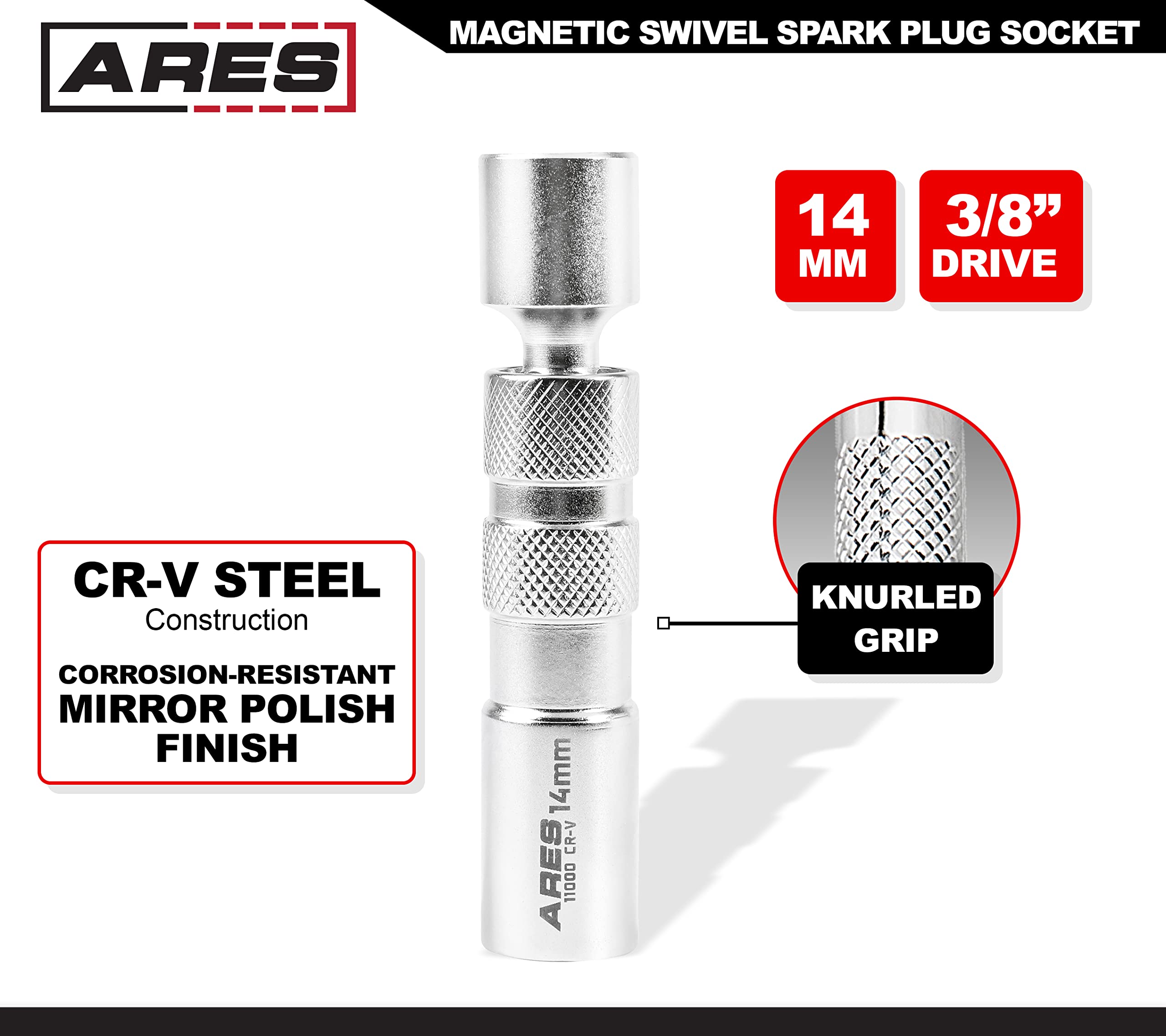 ARES 11000-14mm Thin Wall Magnetic Swivel Spark Plug Socket - 3/8-Inch Drive 12-Point Spark Plug Socket - Walls 2mm Thinner Than Standard Spark Plug Sockets