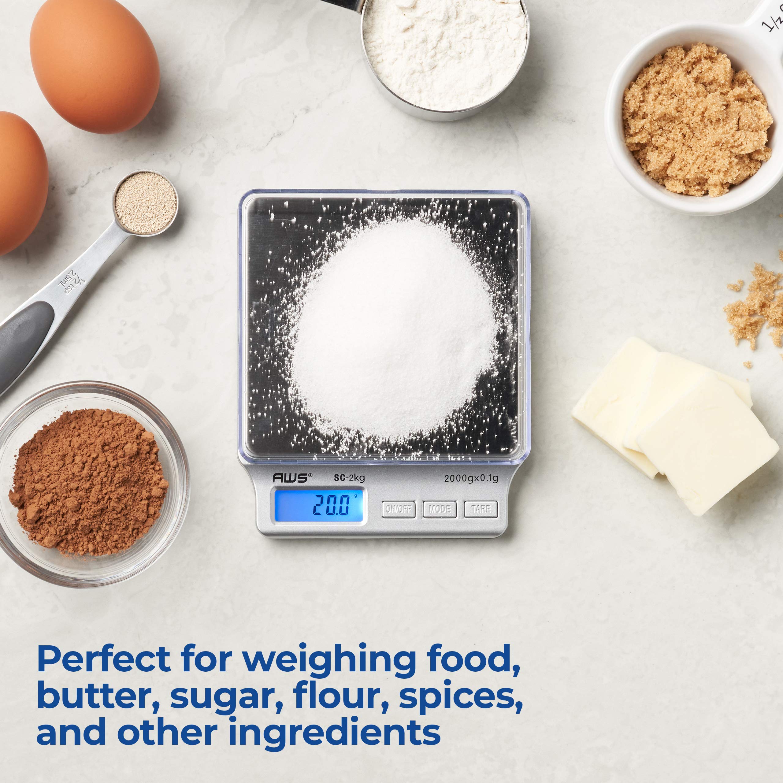 American Weigh Scales SC Series Precision Digital Kitchen Weight Scale, Food Measuring Scale, 2kg x 0.1g (Silver), AMW-SC-2KG