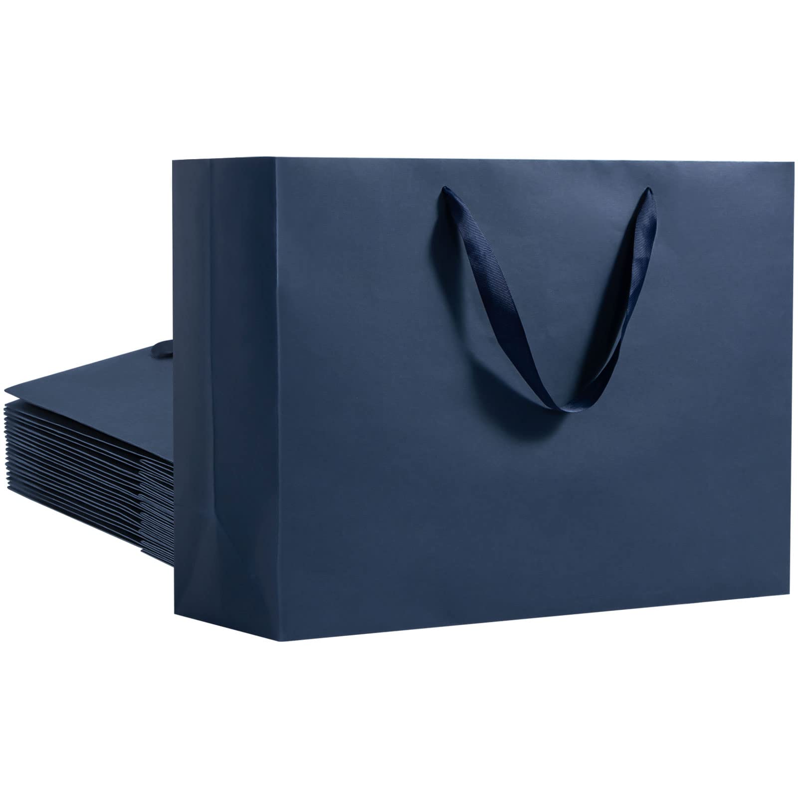 Umoofine Large Navy Blue Gift Bag 12 Pack, 15.7x5.9x12 Inches Extra Large Kraft Gift Bags with Ribbon Handles, Reusable Heavy Duty Kraft Navy Blue Paper Bags Bulk for Shopping, Wedding, Gift, Retail