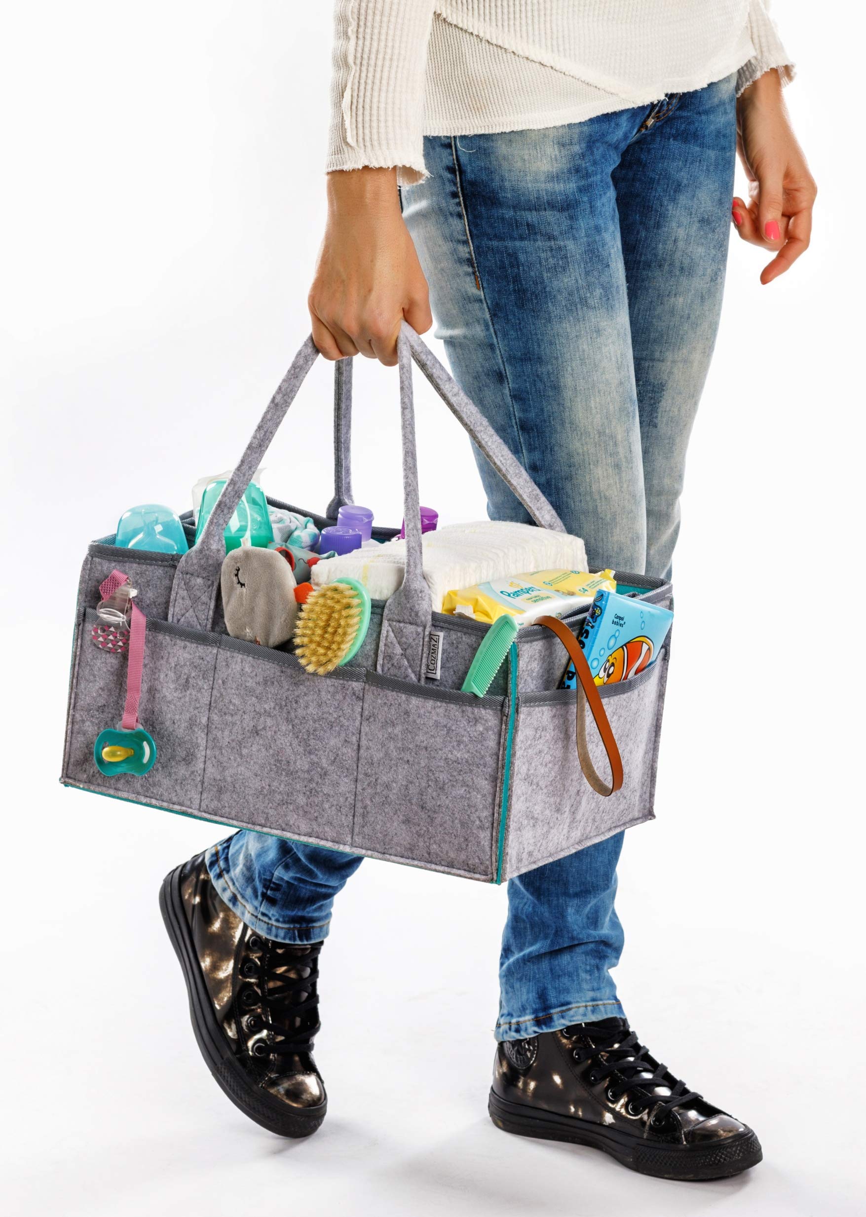 Baby Diaper Caddy Organizer with Zipper Pocket Heavy Duty Felt/Portable Nursery and Toy Storage/Car Basket