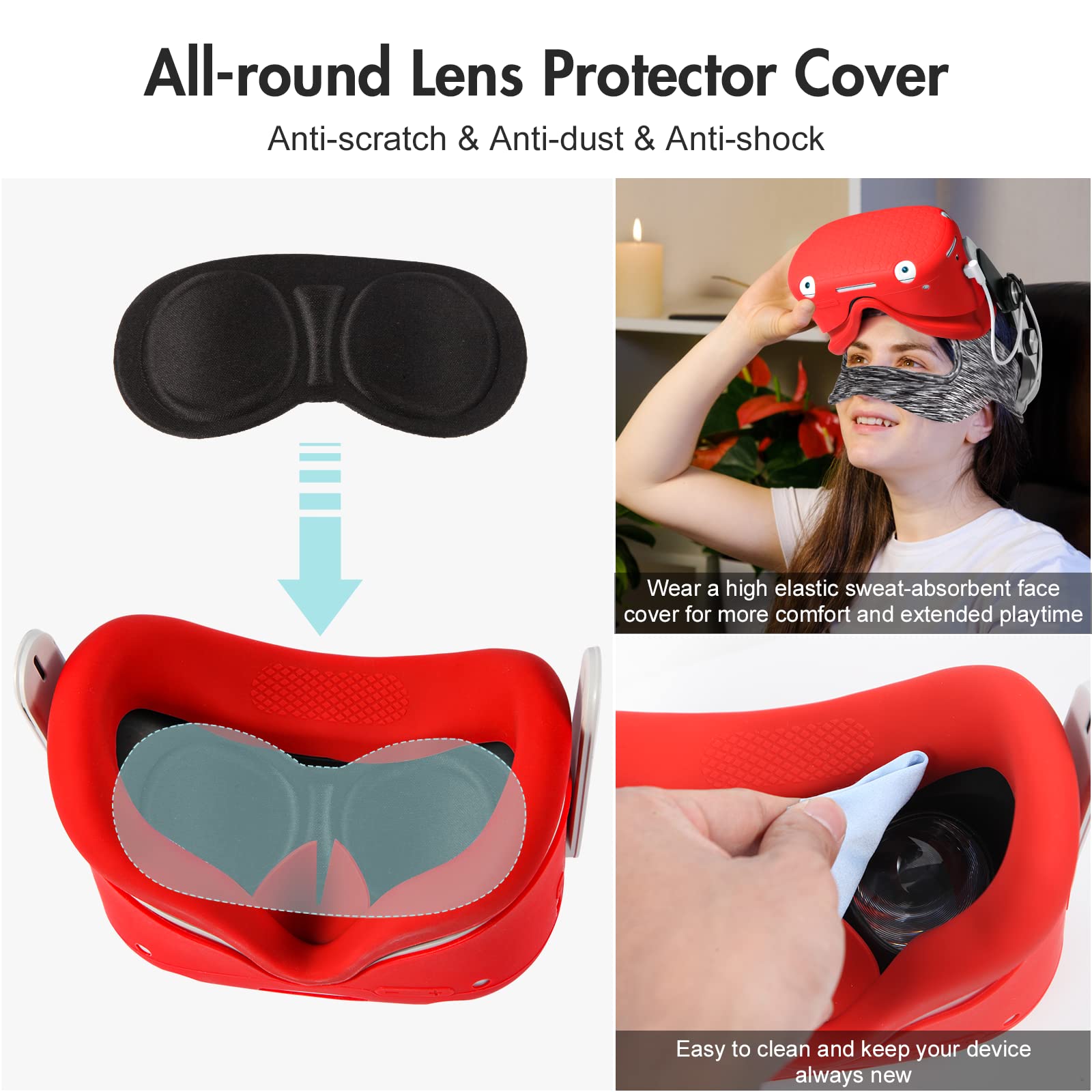 AMLINK VR Silicone Cover Accessories for Oculus Quest 2, VR Shell Cover Protective, Silicone Face Cover, Adjustable Strap Controller Grip Cover and Remote Sensing Rod Cap(Red)