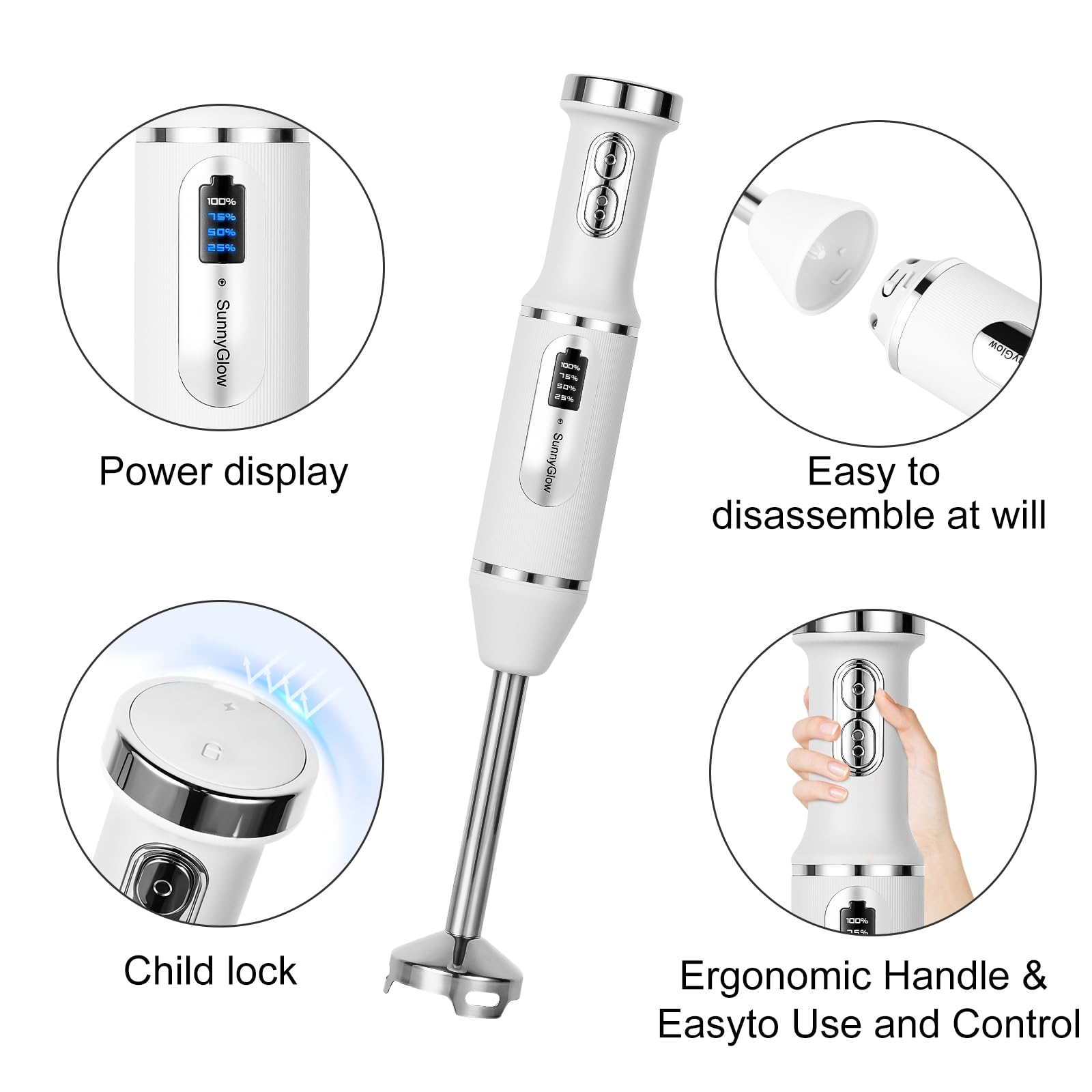 SunnyGlow Cordless Hand Blender: Rechargeable Cordless Immersion Blender Handheld, Powerful Detachable Easy Control Grip Stick Mixer Milkshakes | Smoothies | Soup| Puree | Baby Food