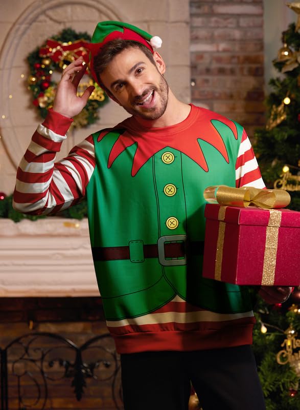 Arvilhill Christmas Men's Funny Ugly Sweater Casual 3D Printed Holiday Crew Neck Sweatshirt Elf Stripe L