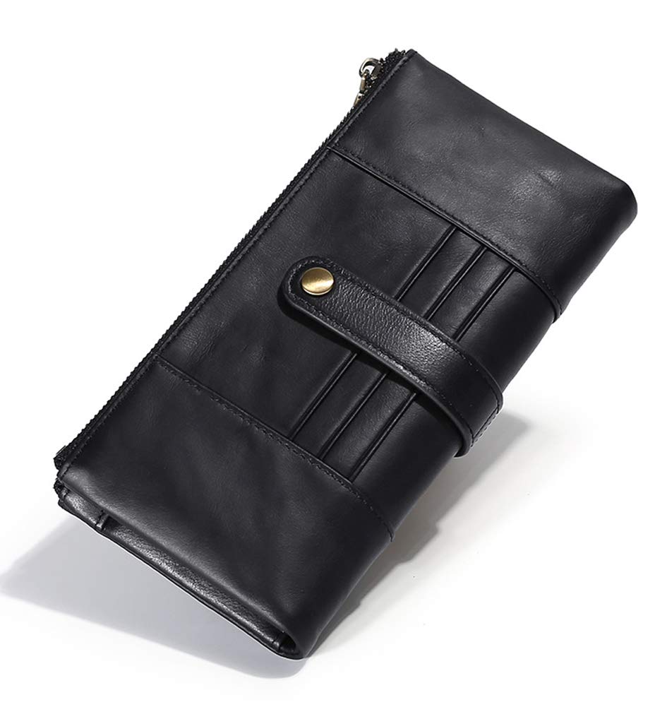 KELEEL Womens RFID Wallets Slim Cow Leather Large Capacity Bifold Purse Multi Card Case Wallet with Dual Zipper Pockets (Black)