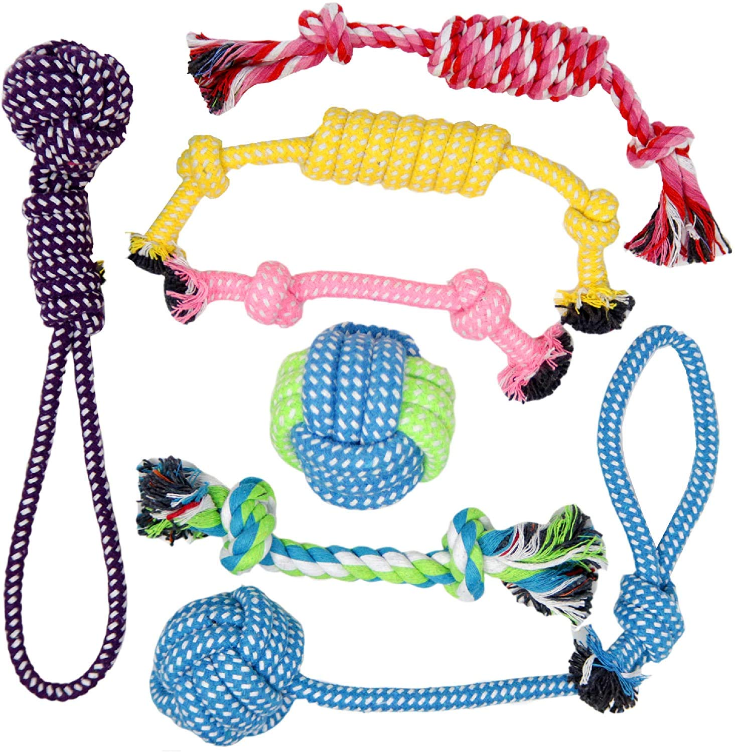 BK PRODUCTS LLC 7 Dog Chew Toys Made of All-Natural Cotton for Small Breeds and Puppies – Dog Rope Toy Set Stimulates Gums, Helps Fight Plaque and Relieves Boredom and Separation Anxiety