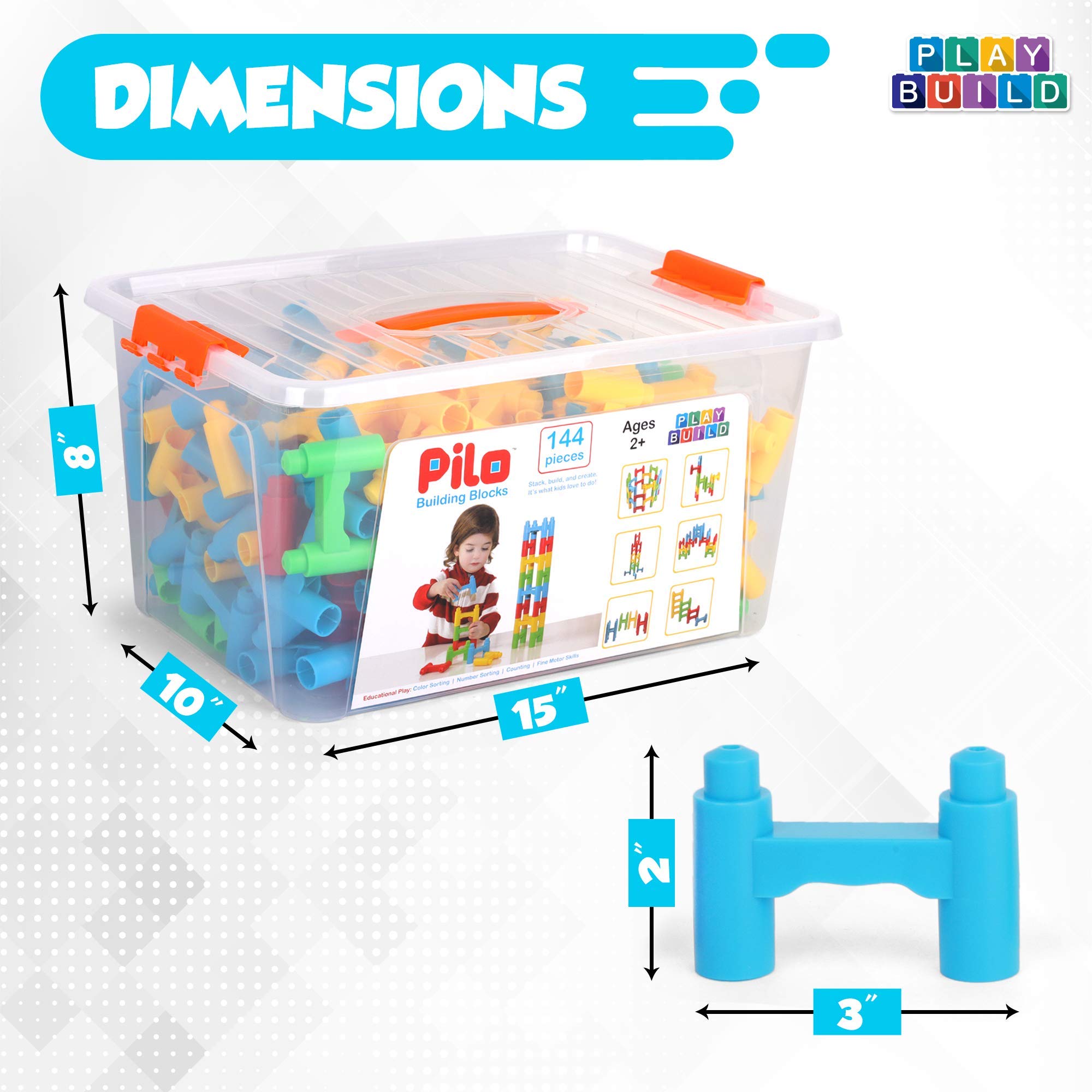PlayBuild Pilo Building Blocks - H Blocks Bridge Constructor Stacking Toy - Fun Educational Construction Toys - Pillar Arch Aqueducts Build with Easy Plastic Storage Container