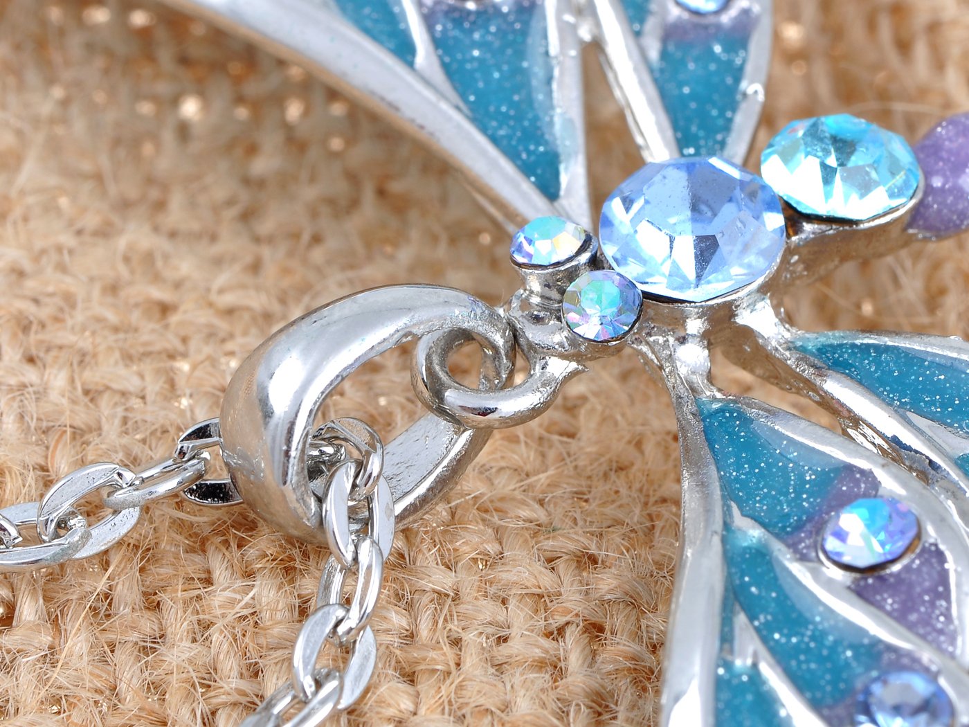 Alilang Womens Blue Purple Glitter Enamel Rhinestone Dragonfly Pendant Necklace Over Silvery Tone