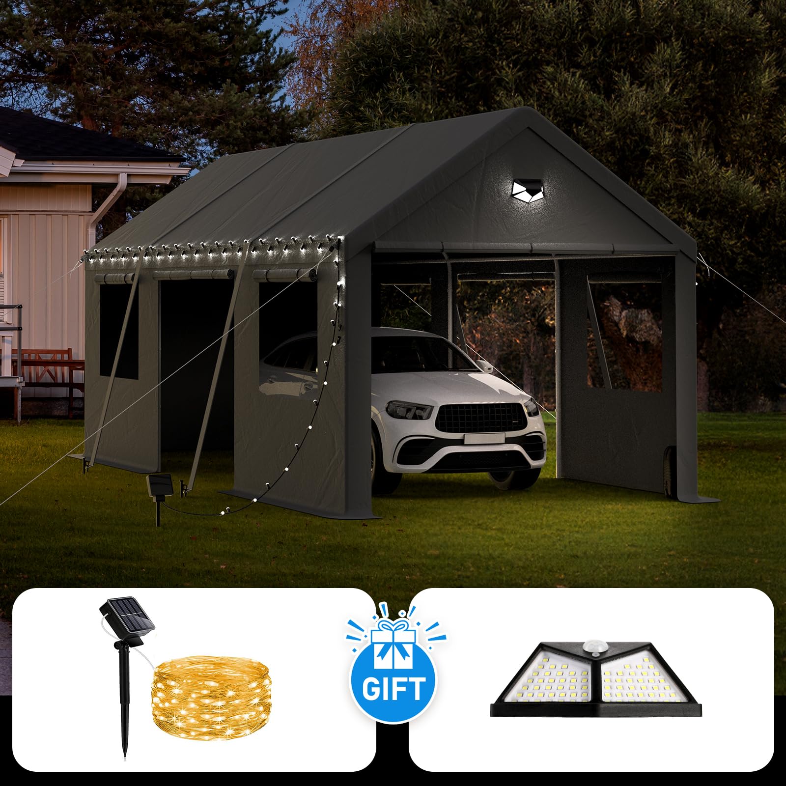 Benass 10x16 Carport, Heavy Duty Car Port, Portable Garage Carports Canopy with Roll Up Doors & Windows and Removable Sidewalls, White