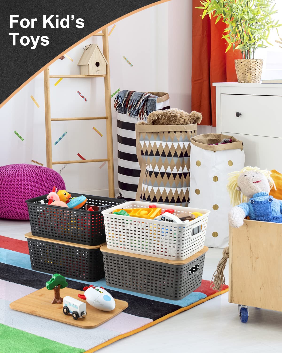 AREYZIN Storage Bins with Bamboo Lids Set of 6 Lidded Storage Container Plastic Baskets Organizer Bins for Organizing Kithen Room Bedroom Office Closet, Sturdy(Black)