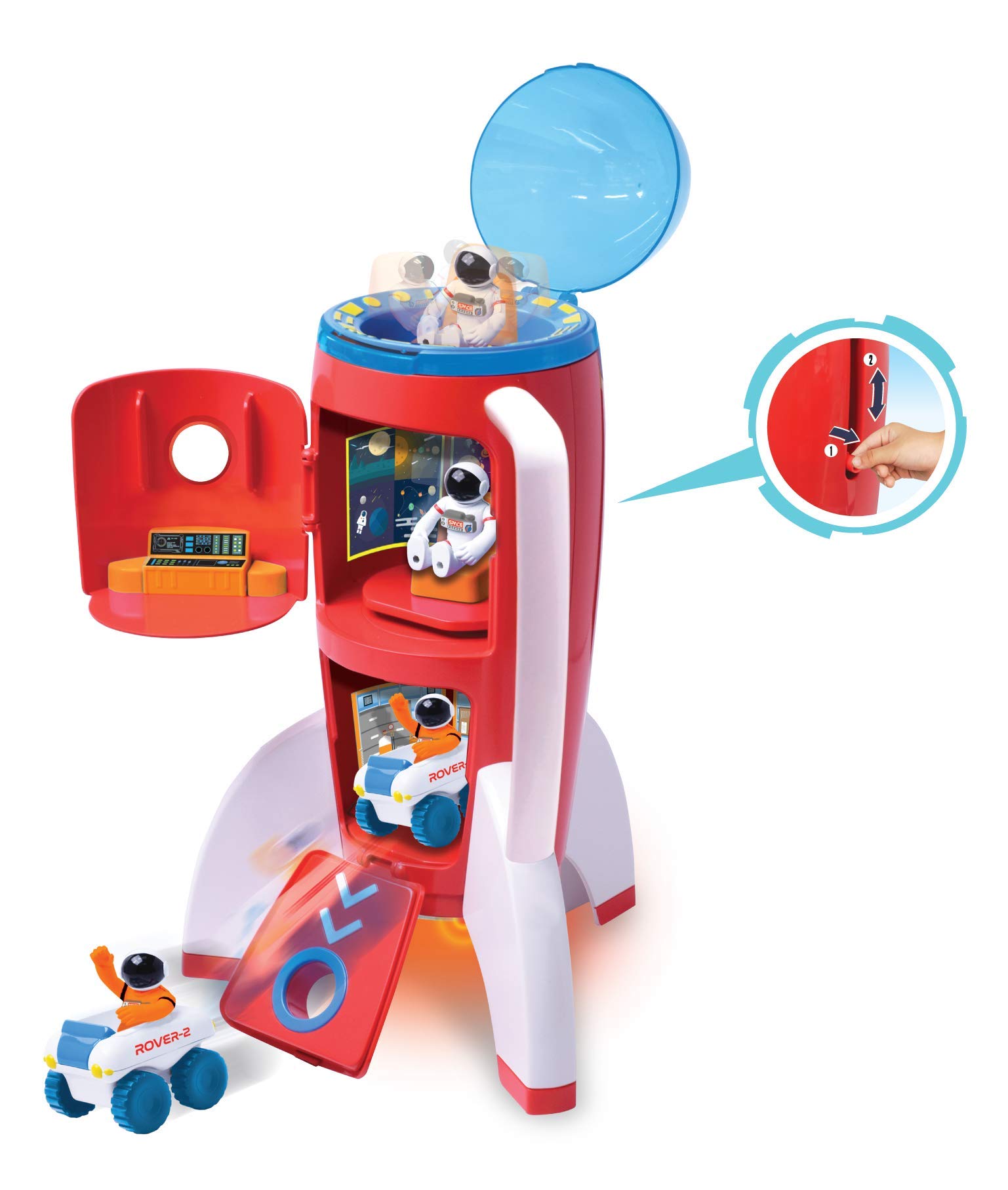 Astro Venture Spaceship Rocket Toy Playset with 2 Astronauts and Rover Vehicle - Lights and Sound Effects, Plus Carrying Handle for Blasting to The Moon and Flying Back - Play and Explore Space Toys