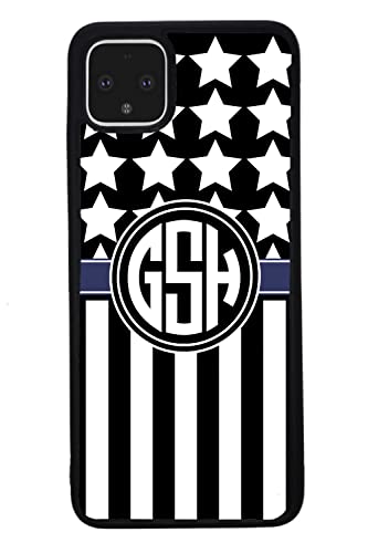 American Flag USA Thin Blue Line Police Monogram Black Rubber Phone Case Compatible With Google Pixel 8 Pro, 8a, 8, 7a, 7, Pixel 7 Pro, 6a, 6 Pro, 6, 5, 4a 5G, 4a 4G, 4, 4 XL, 3a, 3a XL, 3, 3 XL