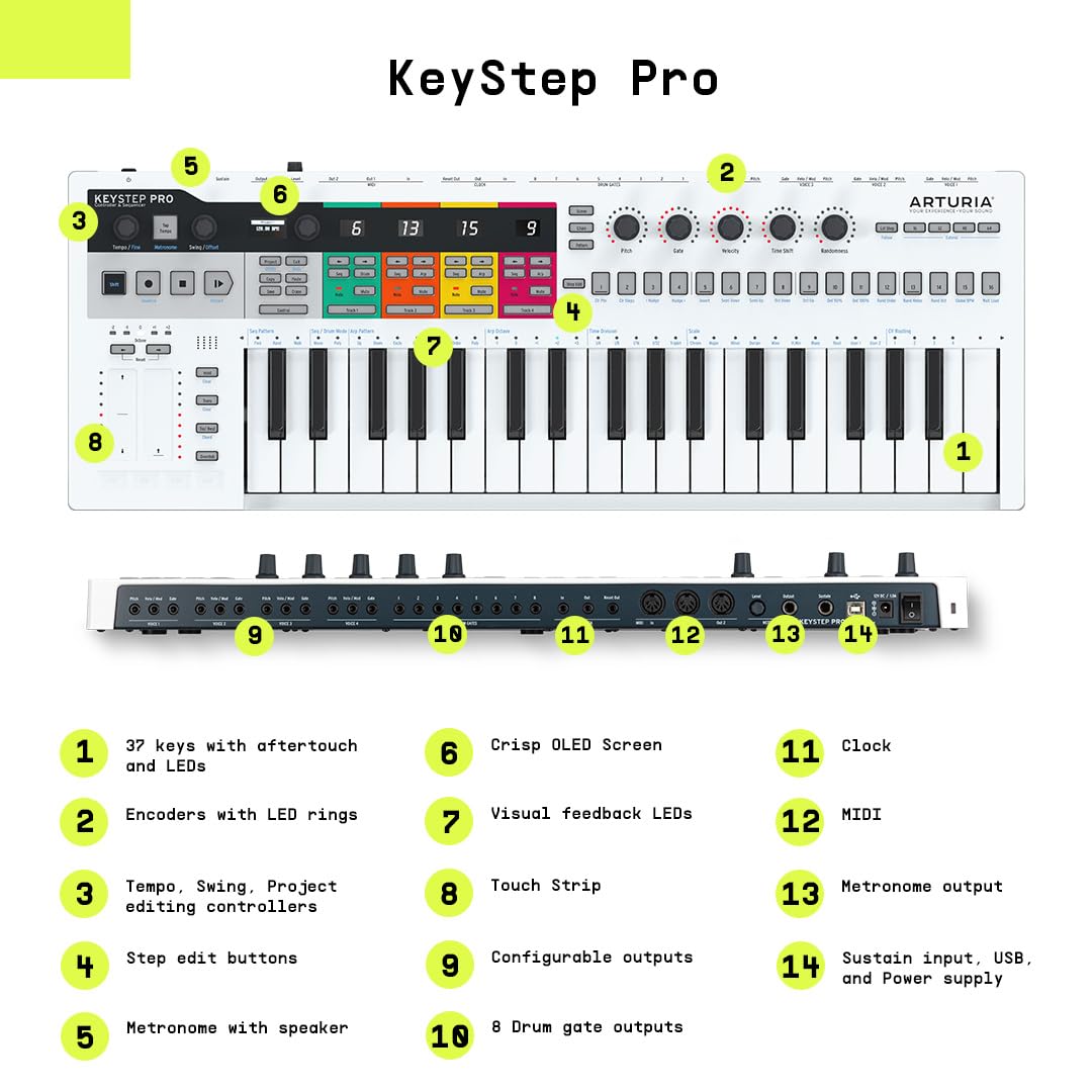 Arturia - Keystep Pro - All-in-One Performance MIDI Controller, Sequencer and Arpeggiator - 4 Polyphonic Sequencer Tracks, 24-Part Drum Sequencer, MIDI & CV Connectivity, 37-Note Slim Keybed