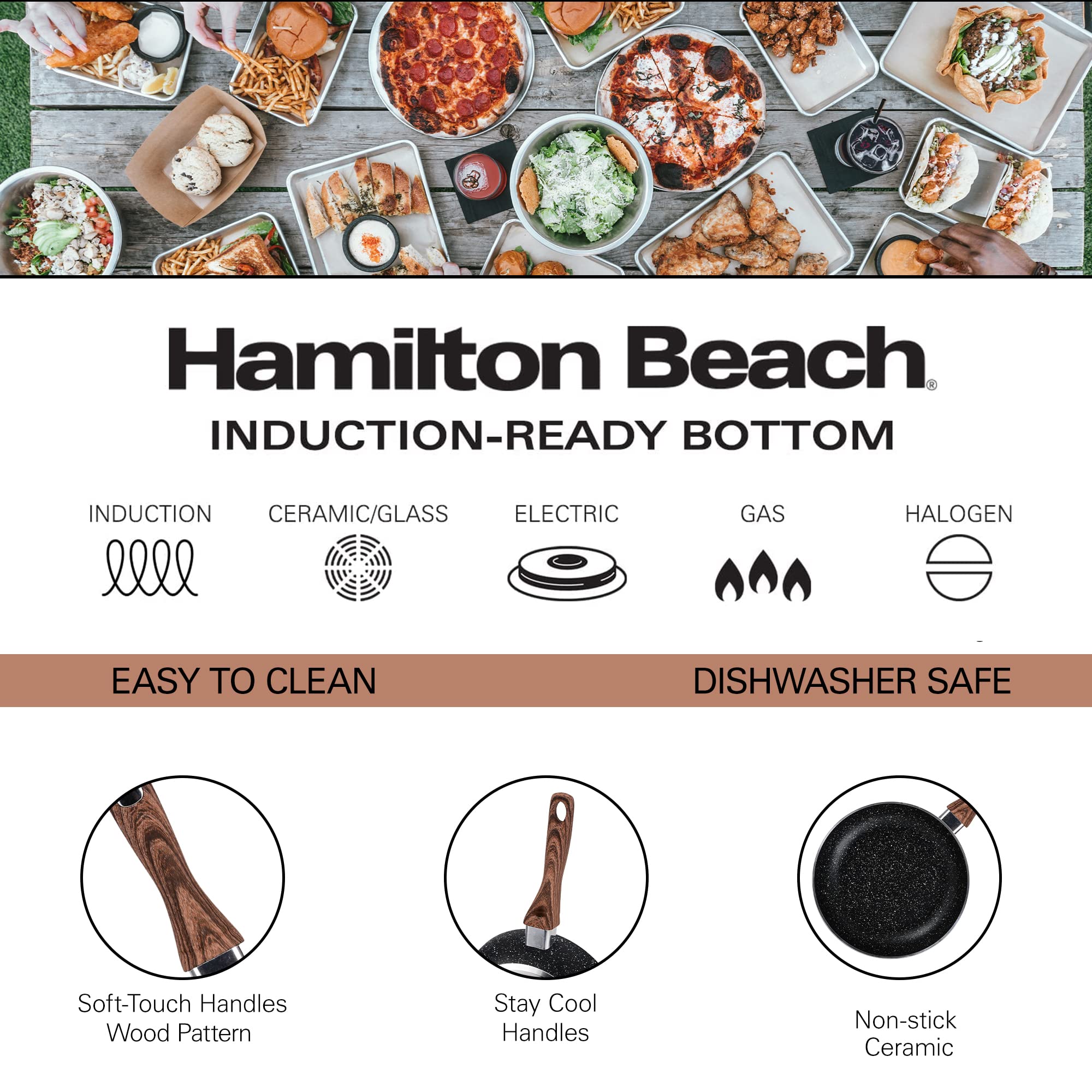 Hamilton Beach Fry Pan 10-Inch, Nonstick with Marble Coating, Wood like Soft Touch Handle, Non-Stick Granite Fry Pan Egg Pan Omelet Pans, Stone Cookware Chef's Pan, PFOA Free Induction Bottom