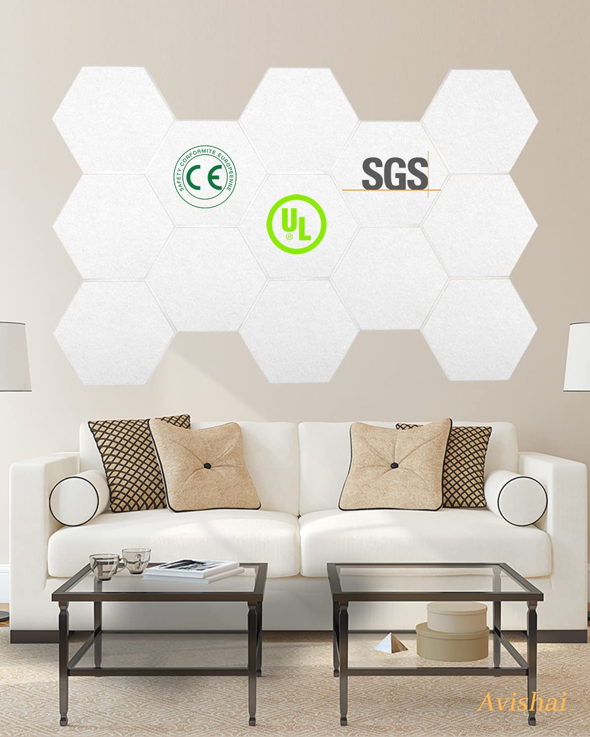 Avishai 12 Pack Self-adhesive Hexagon Sound Panel,12" X 10.3" X 0.4"Eco-friendly Hexagon Acoustic Panel with High Density, Fireproof, Absorb Noise, for Ceiling,Door,Wall