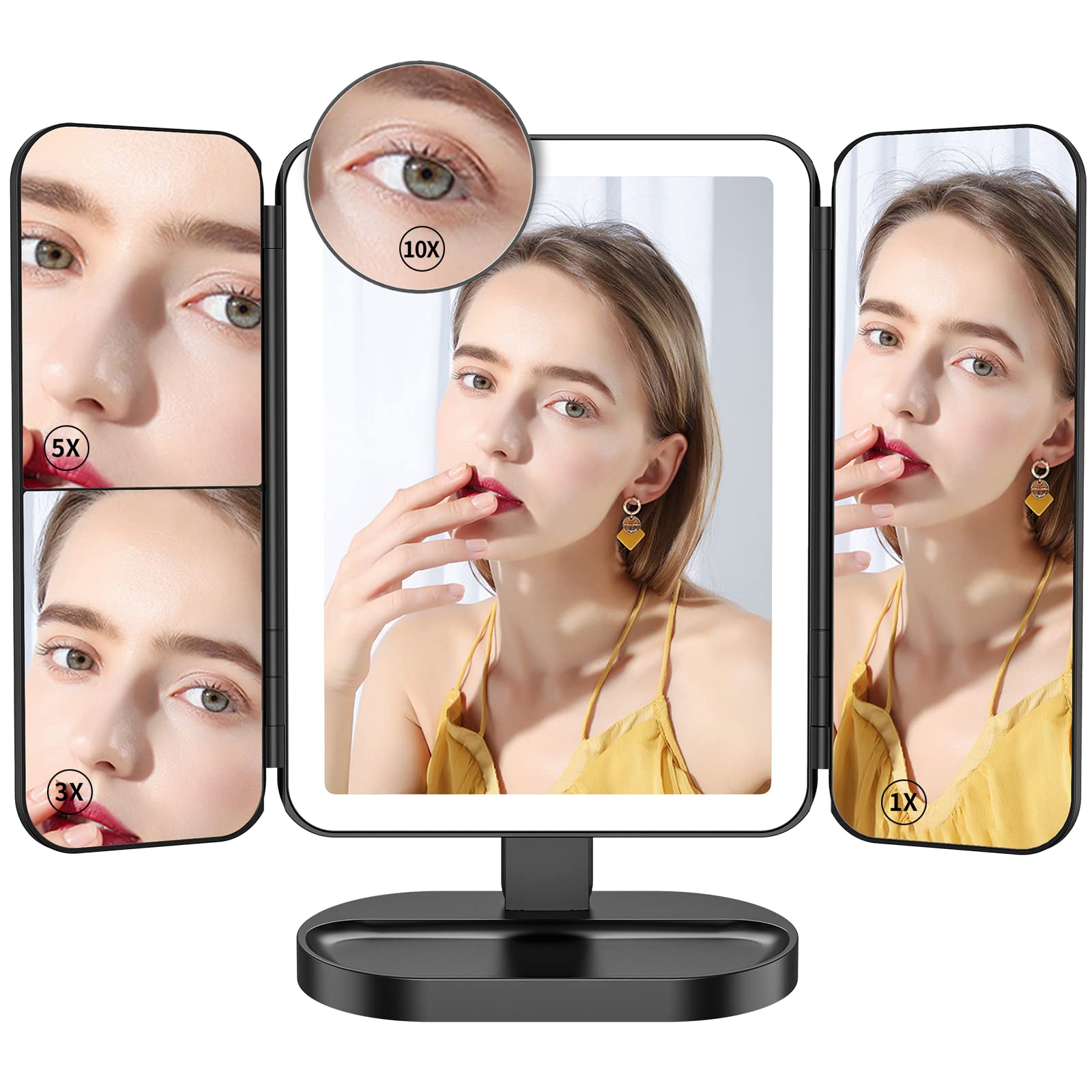 Benbilry Trifold Lighted Vanity Makeup Mirror with 74 LED Lights, 3 Color Lights & Stepless Dimming, 1X/3X/5X/10X Magnification & 2000mAh Rechargeable Magnifying Light Up Mirror, Gift for Women(Black)