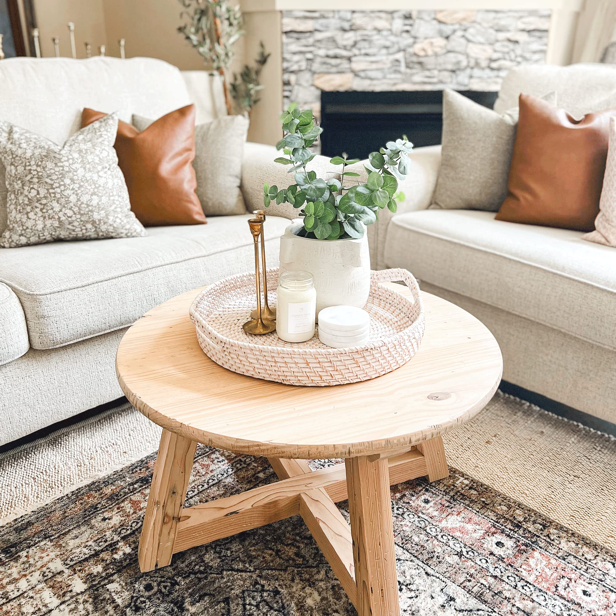 Artera Round Wicker Rattan Tray - 18 inches, Hand Woven Tray for Coffee Table, Ottoman, Natural Serving Tray with Handles, Circular Decorative Basket Tray.