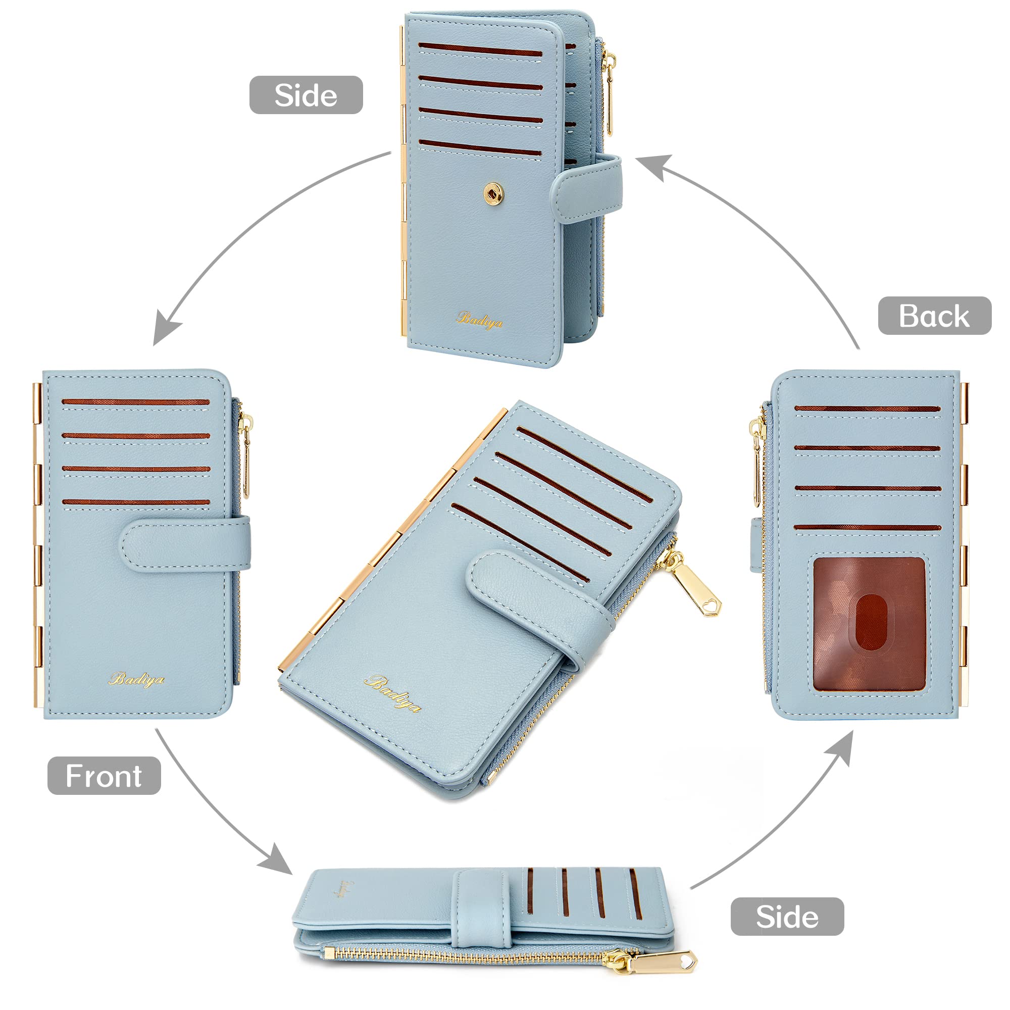 Badiya Credit Card Holder for Women RFID Blocking Slim Wallet Bifold Multi Card Case Zipper Pocket with 3 ID Window