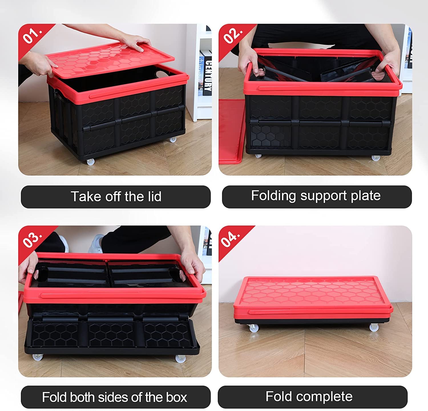 Astarama Foldable Storage Bins withLid, Stackable Storage Box with Removable Pulleys and Trolley, RetractableFoldable Storage Box (Black)