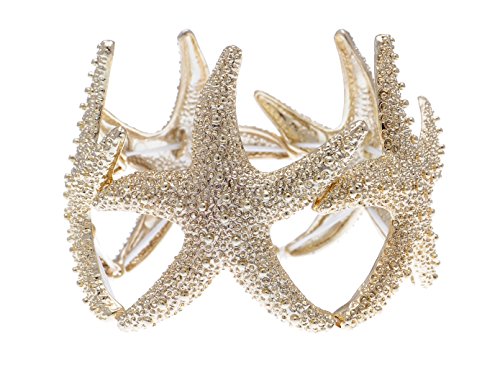 Alilang Womens Shiny Textured Starfish Stretch Bangle Cuff Statement Bracelet, Gold