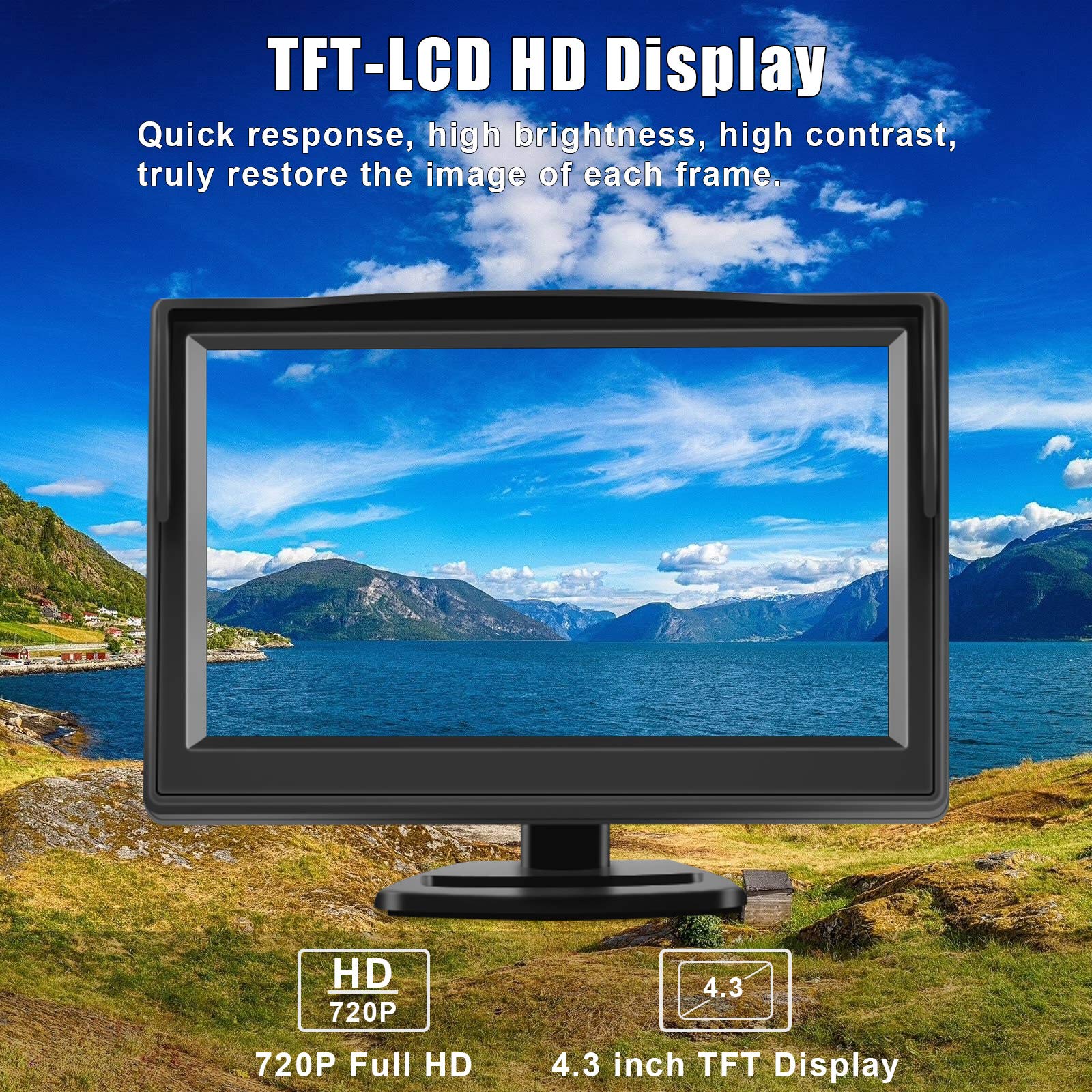 Backup Camera Safety System Kit with Dynamic Trajectory Guide Line, SAMFIWI 4.3in TFT-LCD 720P HD Monitor and Waterproof Rear View Camera Multiple Installation Methods for Trucks/Cars/Pickups (Black)