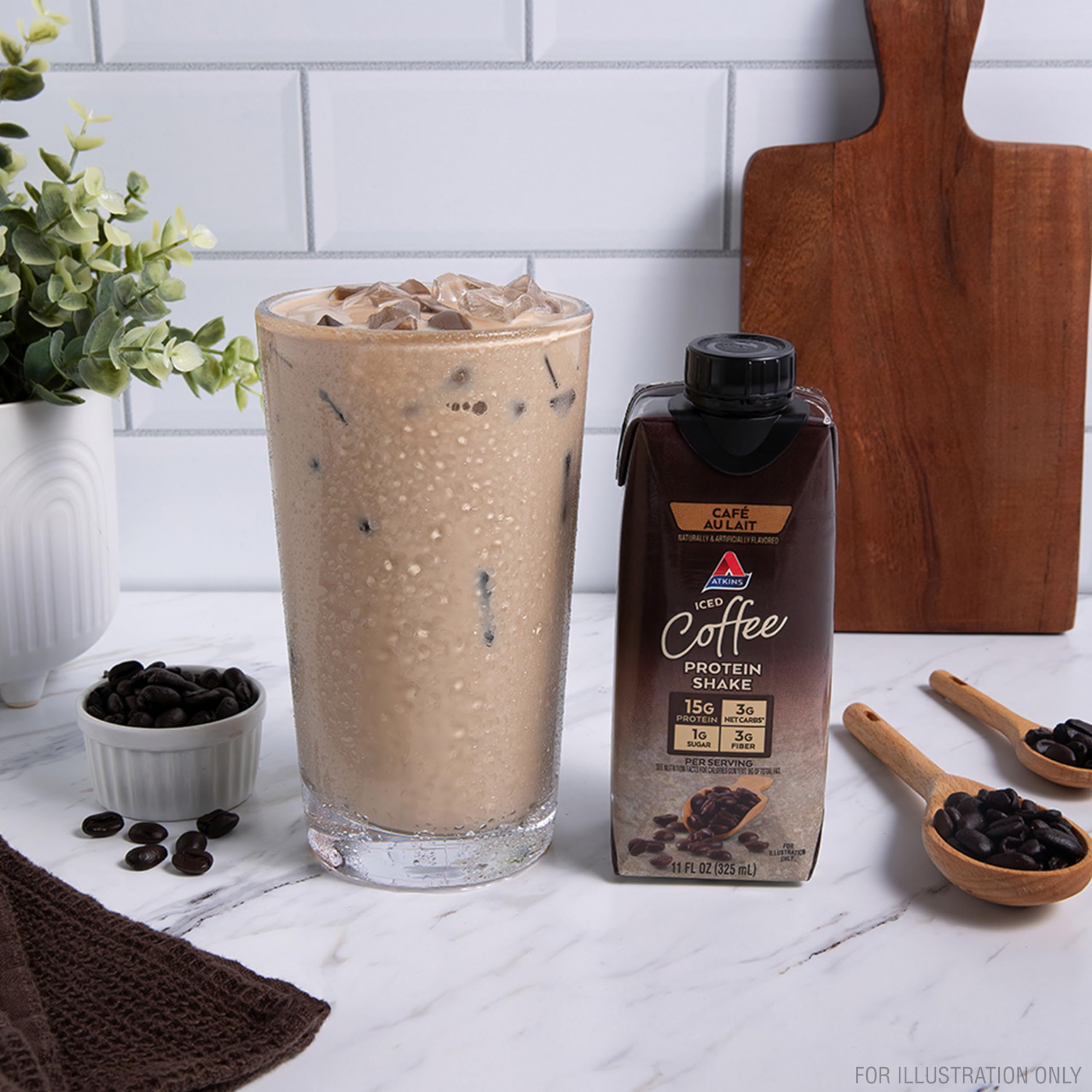 Atkins Café au Lait Iced Coffee Protein Shake, 15g Protein, Low Glycemic, 3g Net Carb, 1g Sugar, Keto Friendly, 12 Count