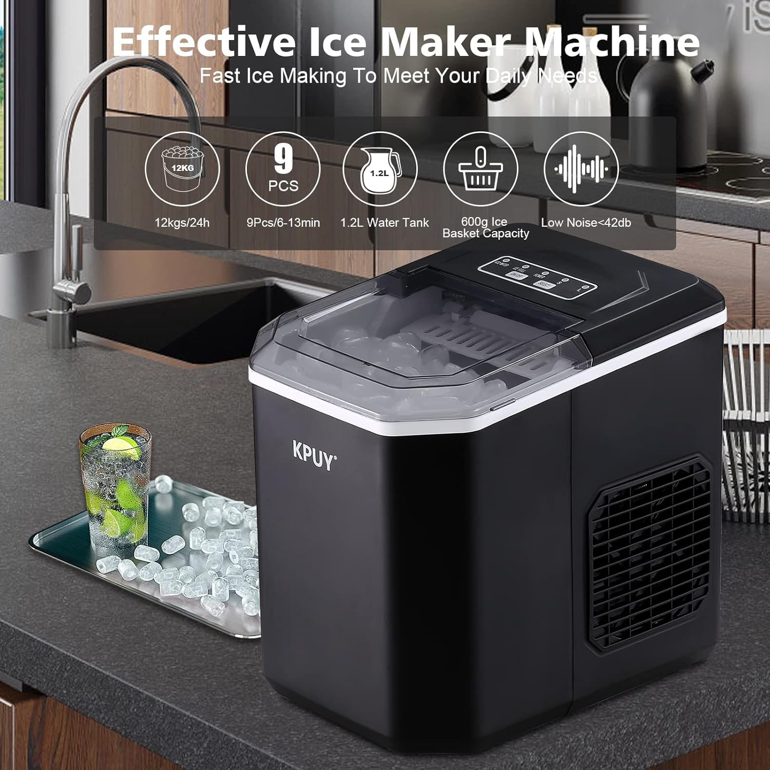 KPUY Ice Maker Machine Countertop Ice Machine for Home, Self-Cleaning Ice Maker, 9 Cubes Ready in 6-13 Mins, 12KGs in 24Hrs Portable Ice Cube Maker Machine for Home/Kitchen/Office/Bar