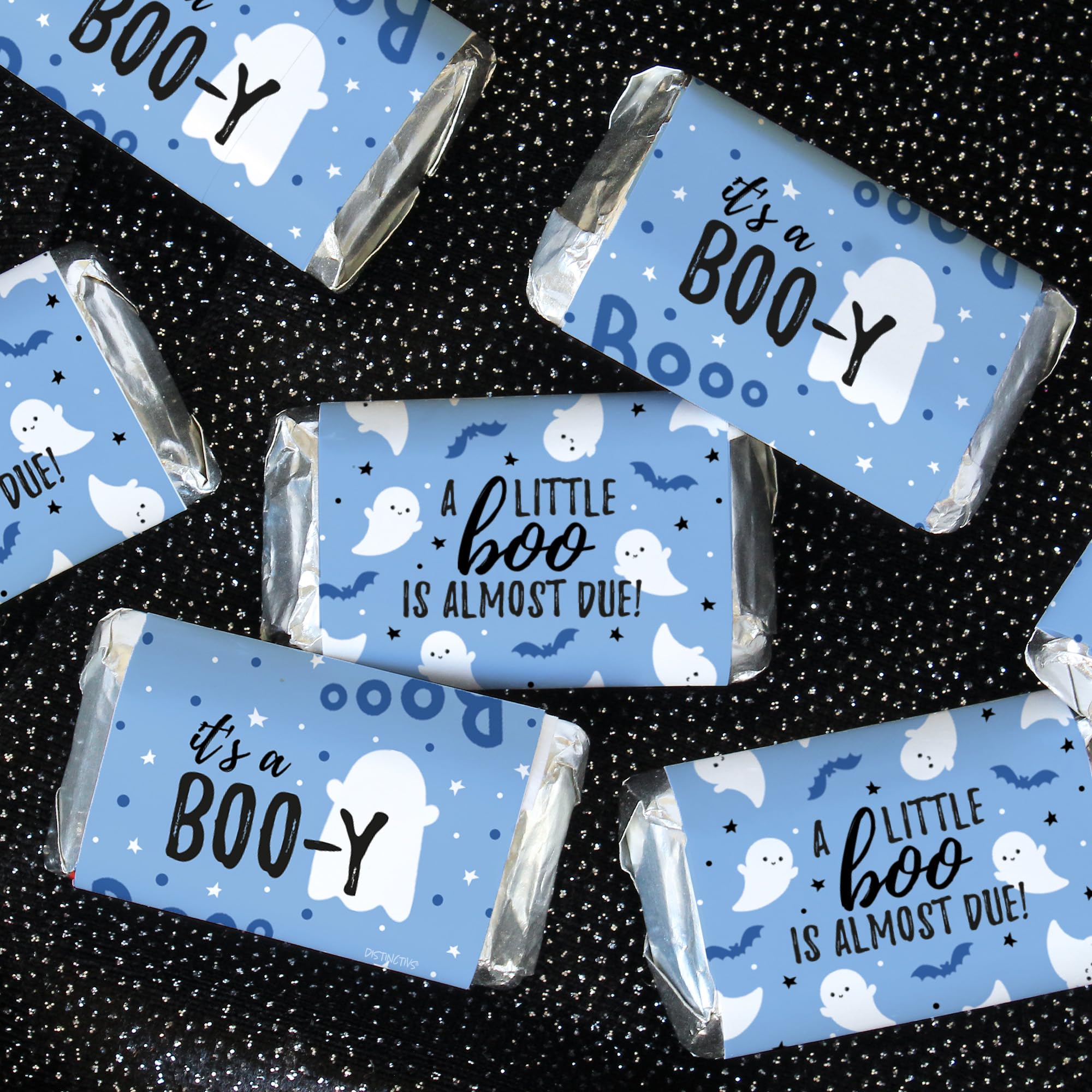 Blue A Little Boo is Almost Due Boy Baby Shower Wrappers for Mini Chocolate Bars, Halloween Baby Shower Party Favor Candy Stickers - 45 Count