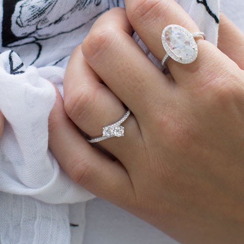 AzureBella Jewelry Overlap Two Stone Cubic Zirconia Ring Rhodium on Sterling Silver with Side Stones, 7