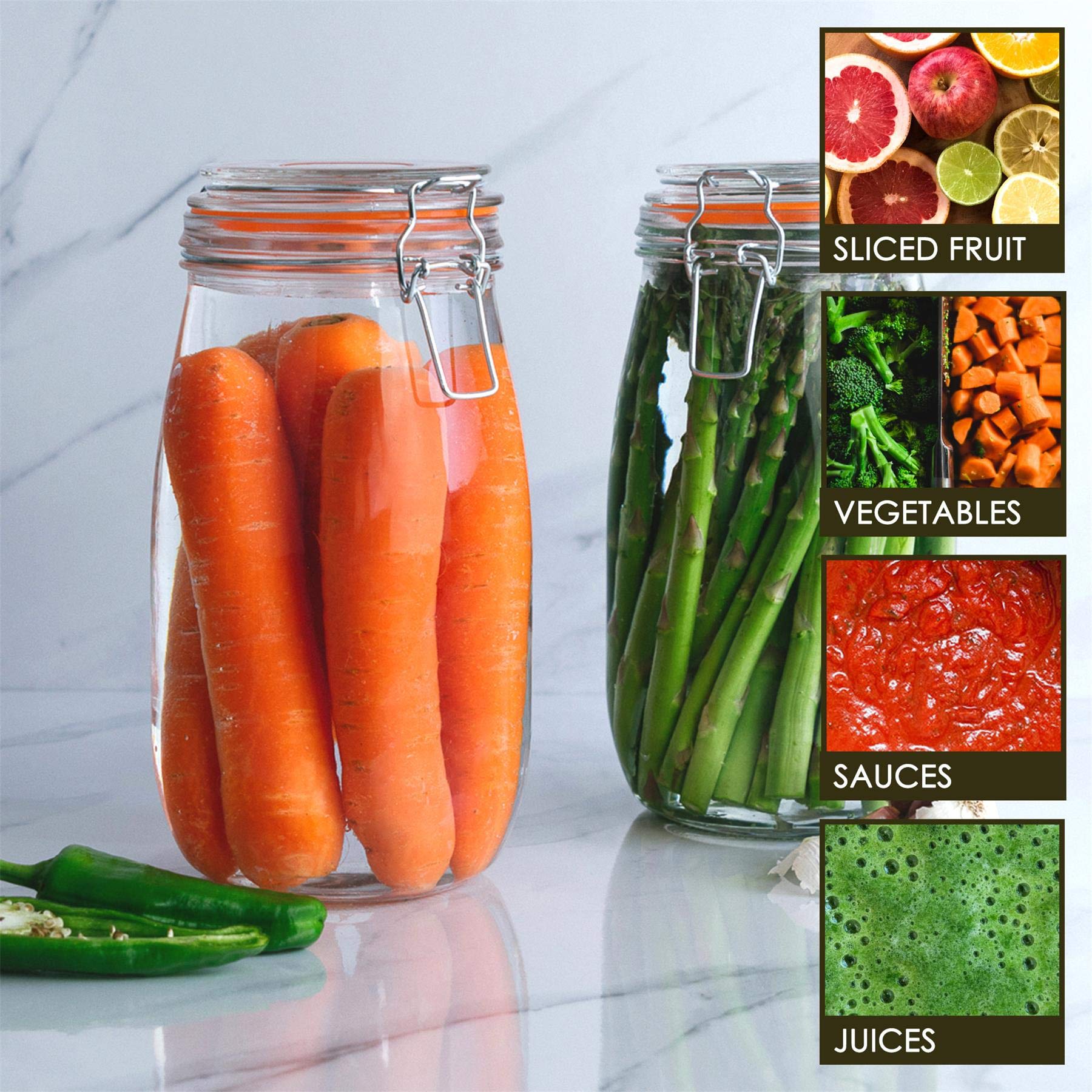 Argon Tableware 6X 1500ml (1.5 Litre) Clear Glass Storage Jars with Orange Airtight Silicone Seal and Metal Clip Lids - 50.7oz Large Empty Kitchen Containers
