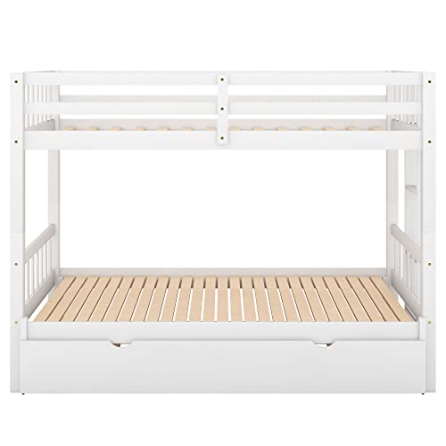 BOVZA Twin Over Twin/King Pull-Out Bunk Bed with Trundle, Extendable Bunk Beds for Kids, Teens, Adults, White