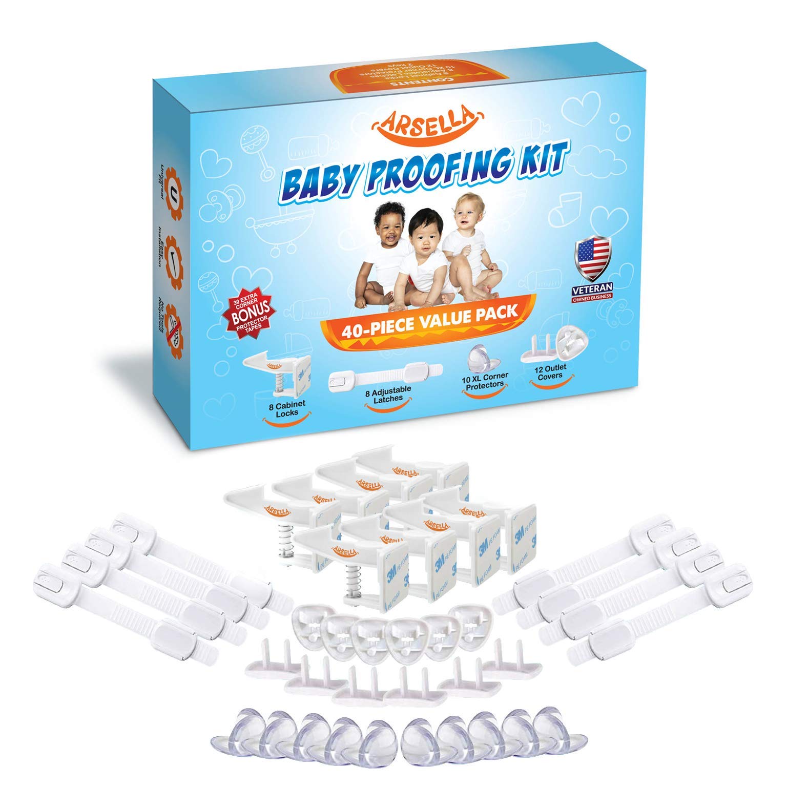 Baby Proofing Kit | 40-Piece: Child Safety Locks - Adjustable Latches - Corner Protectors - Outlet Covers | Child Proof Cabinet - Drawers - Doors | First Choice for Complete Babies Shower Registry