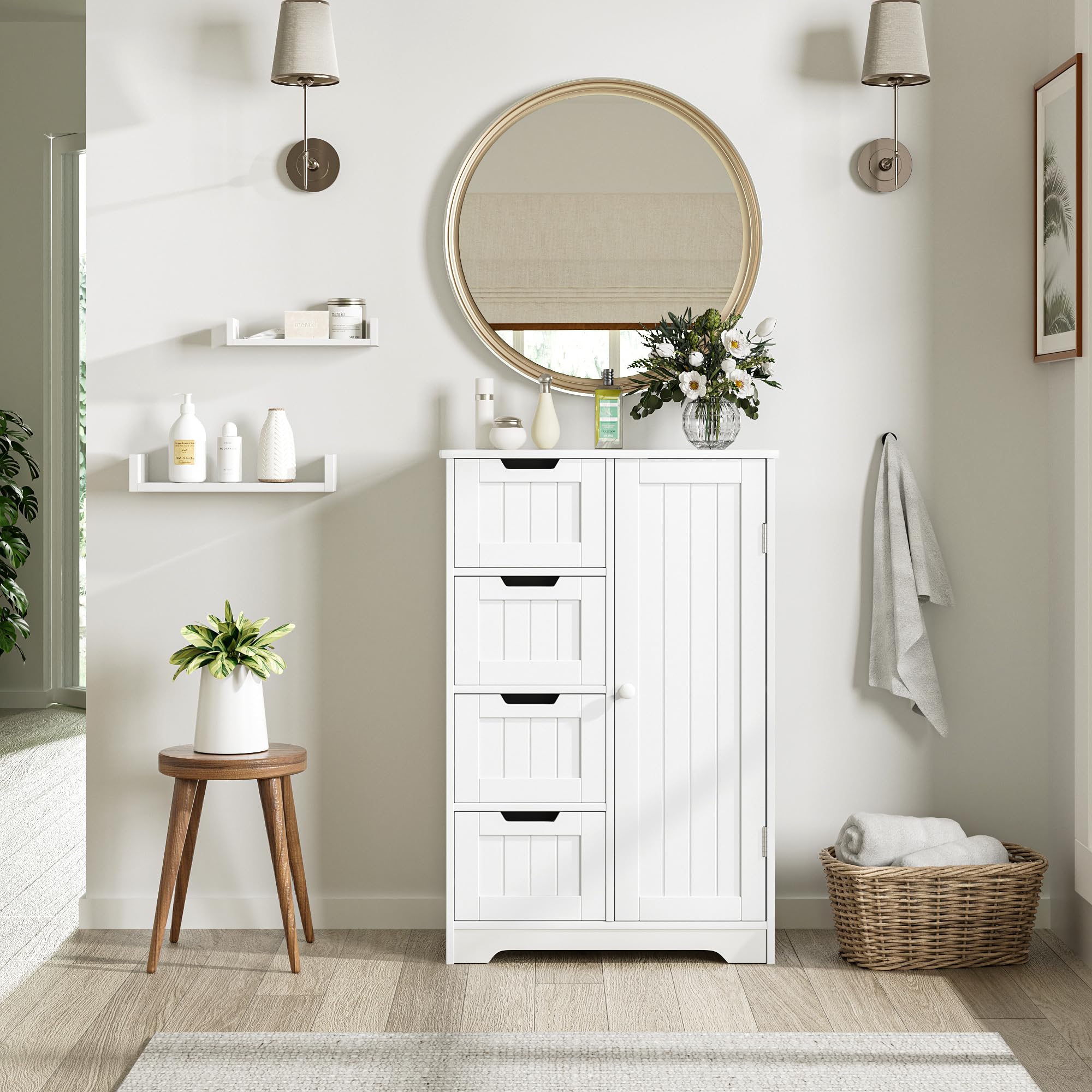 BOTLOG Bathroom Storage Cabinet, Small Kitchen Pantry Storage Cabinet with Drawers, Pantry Cabinet Storage Cupboard with Adjustable Shelf for Bathroom, Living Room, Dining Room, White