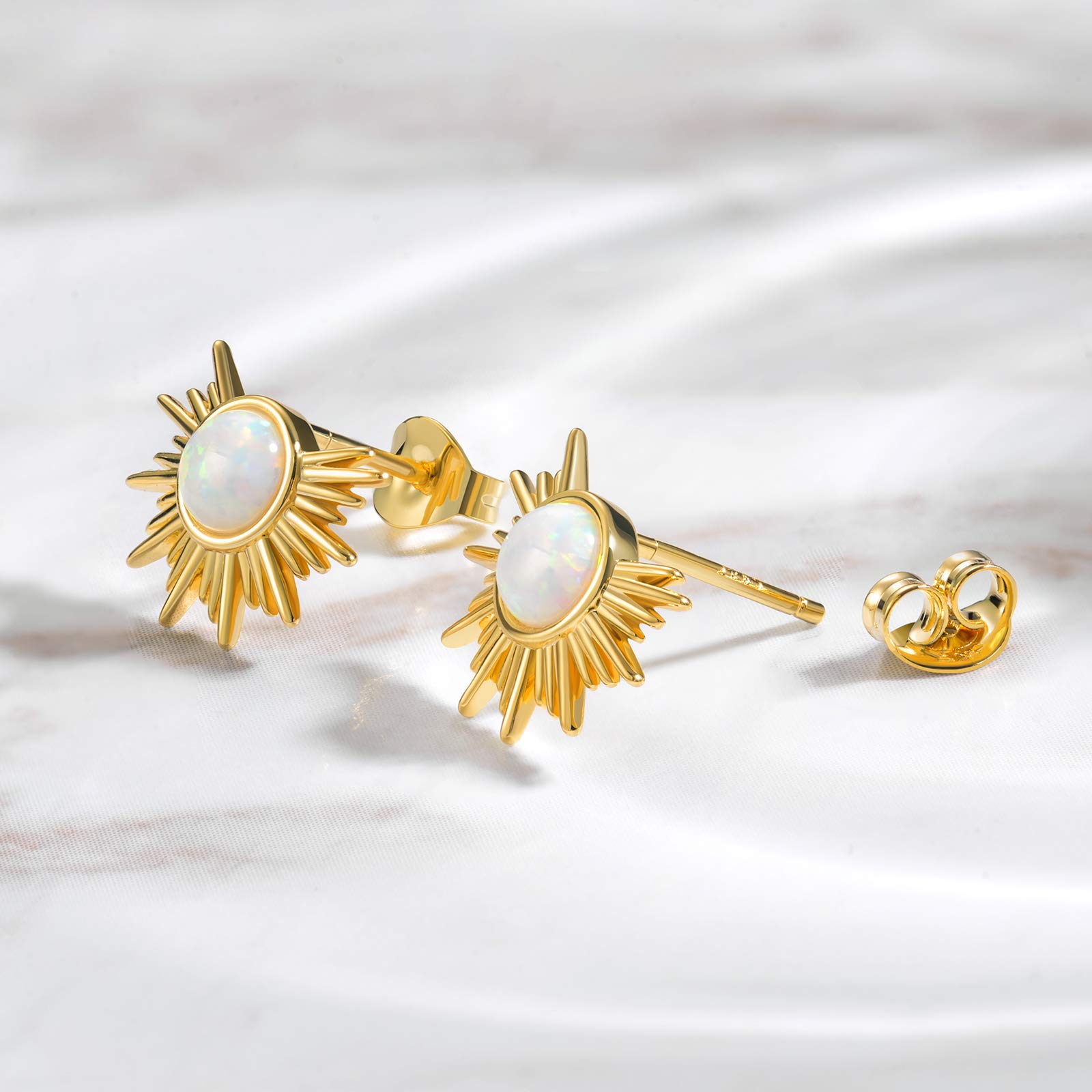 AllenCOCO White Opal Adorned Sunburst Stud Earrings 925 Solid Sterling Silver Post 14k Gold Plated Jewelry for Women