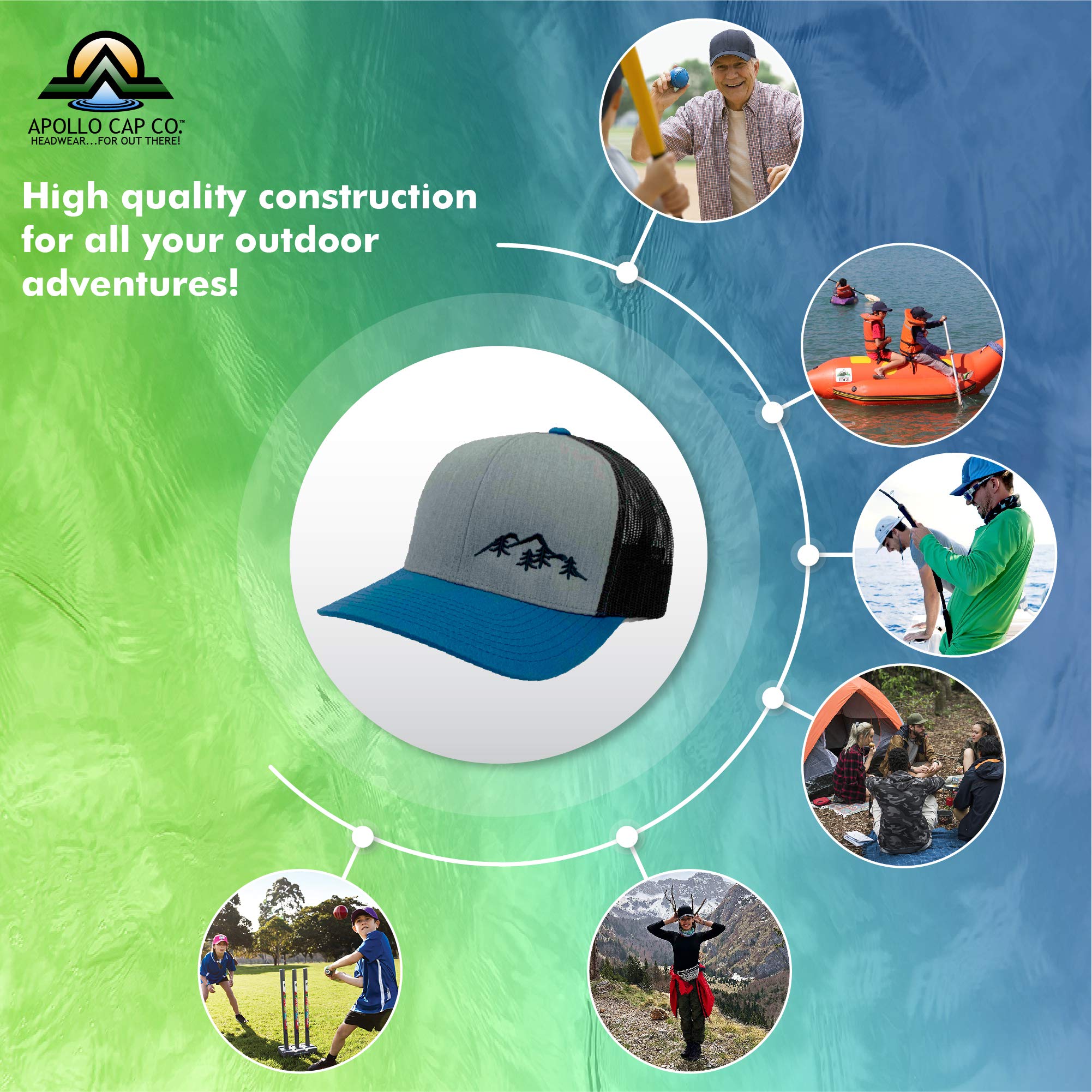 Apollo Cap Co. Trucker Cap - Embroidered Mountains & Trees Hat, Snapback Heather Grey