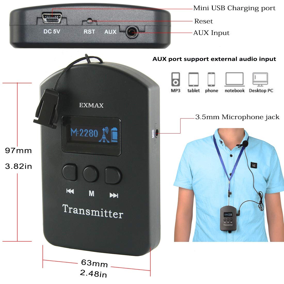 EXMAX EXD-101 2.4GHz Wireless Audio Tour Guide System 9999 Channels Hands-free Whisper Accoustic Transmission System for Training Conference Simultaneous interpretation(1 Transmitter & 1 Receiver)