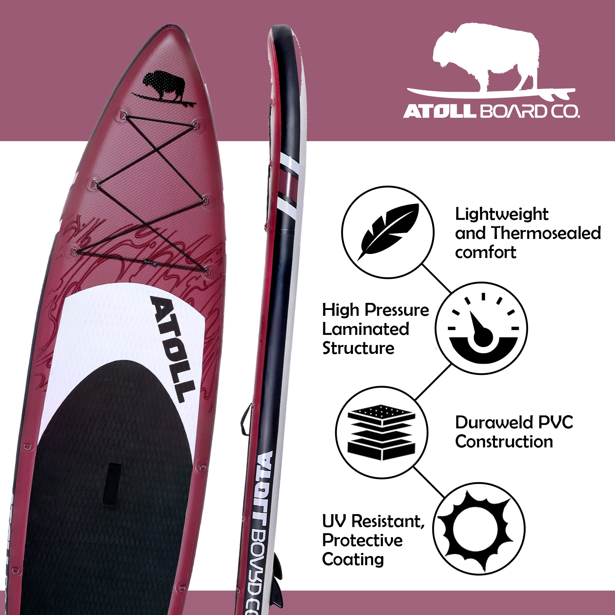 Atoll Inflatable Paddle Board with Premium SUP Stand Up Paddle Board Accessories & Back Pack, Non-Slip Comfort Deck for Unisex Adult - 11ft (Burgundy)