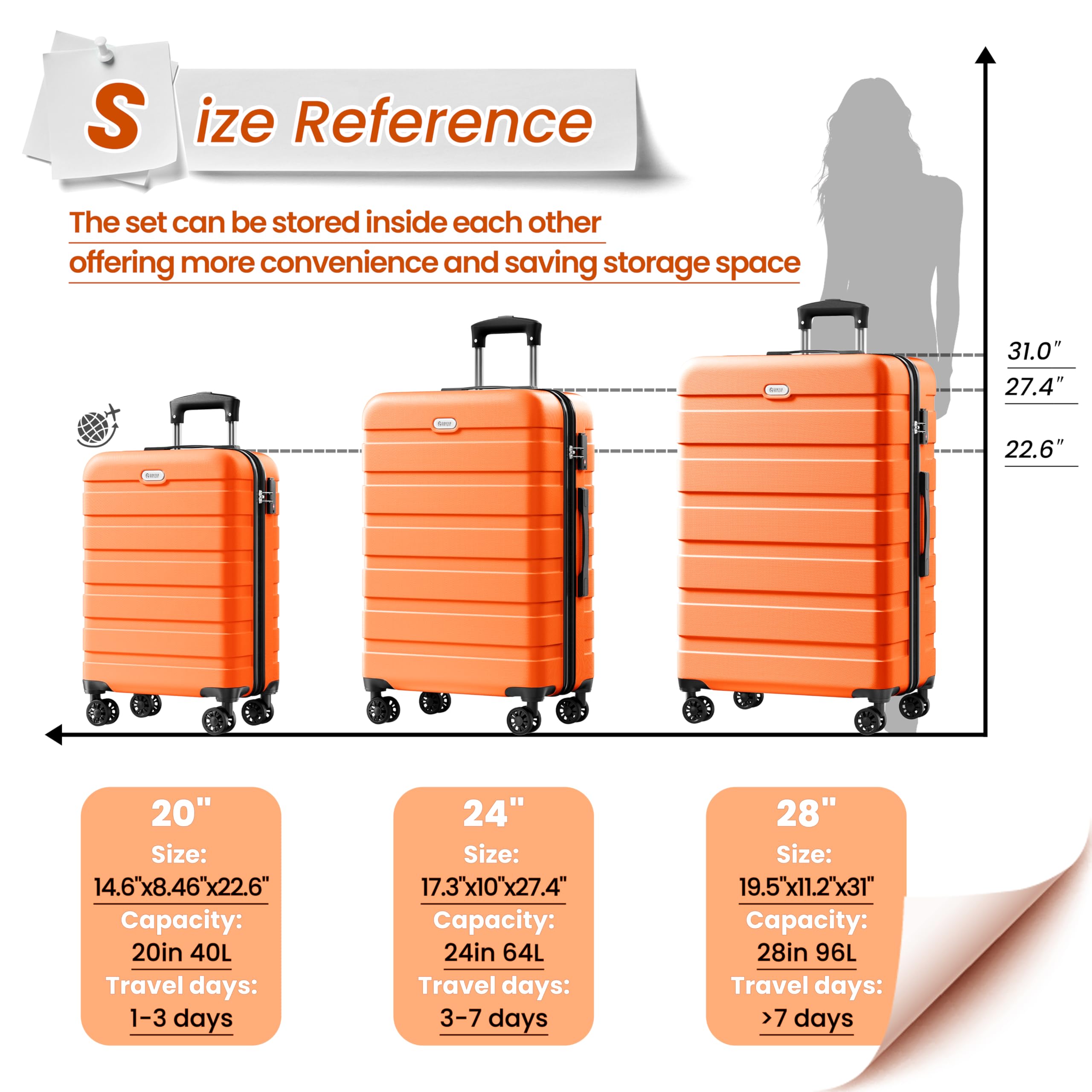 AnyZip Luggage PC ABS Hardside Lightweight Suitcase with 4 Universal Wheels TSA Lock Carry-On 20 Inch Orange
