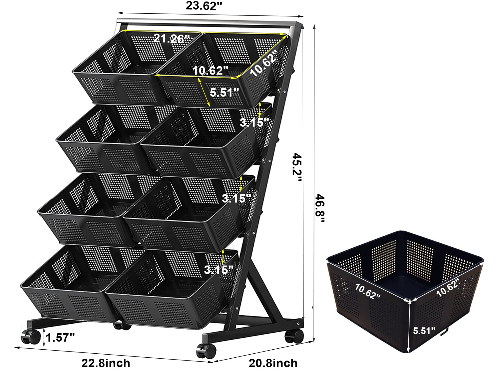 asunflower Kitchen Baskets Storage Cart 4 Tier Rolling Cart with Wheels Metal Fruit Baskets Rack Utility Organzier Cart with Push Handle Wire Fruit Vegetable Stand, Black