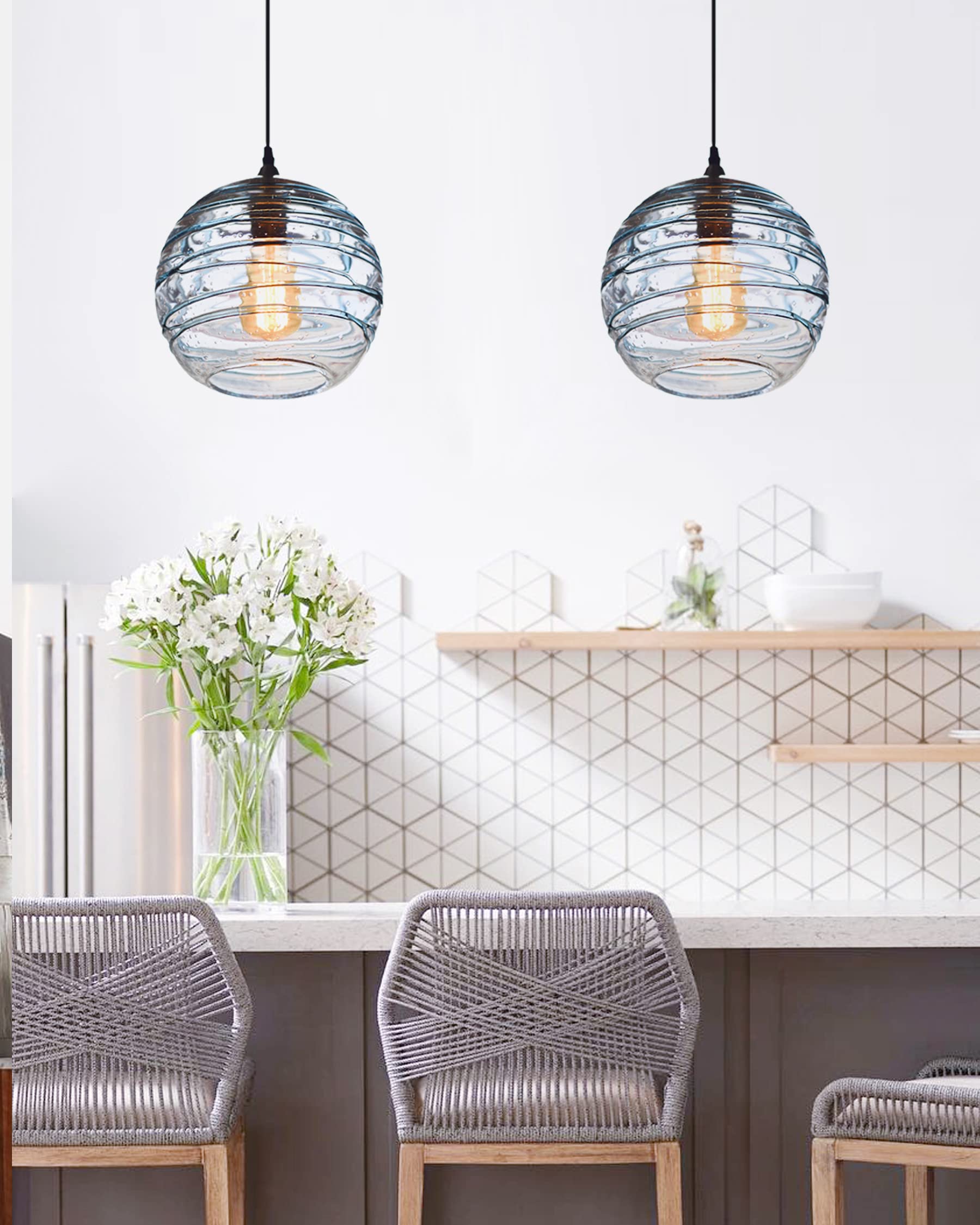 ARIAMOTION Pendant Lights Dining Room Coastal Lighting Fixtures Blue Stripe Seeded Glass Modern Style Ceiling Hanging Kitchen Island Beach House Sunroom Hallway Globe Lamp 9 Inch 2 Pack