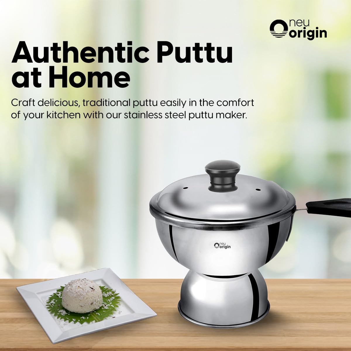 NeuOrigin Stainless Steel Chiratta Puttu Maker - Use with Pressure Cooker, Steamer and Puttu maker, 5.11 x 5.11 x 3.93 inches, Outer Lid Design with Handle, Made In India with Quality