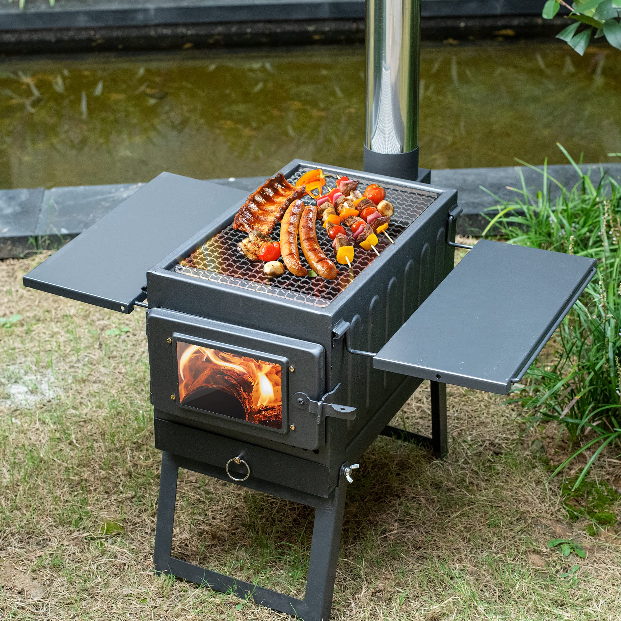 PMNY Wood Burning Stove, Hot Tent Stove Kit with Chimney Pipes, Side Racks and View Window, Multipurpose Camping Stove for Tent, Shelter, Heating and Cooking