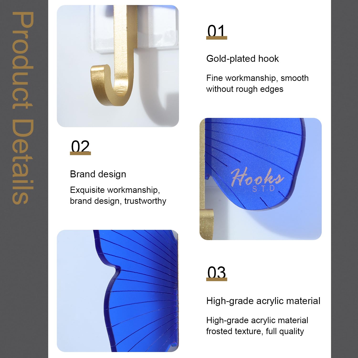 S.T.D Adhesive Hooks,Waterproof Rustproof 4 Colors Acrylic (Frosted) for Hanging Clothes, Towel, Hat, Bags, Key, Coat, Miscellaneous, Hook - Creative Butterfly May at Any Time Change Places(4Pack)