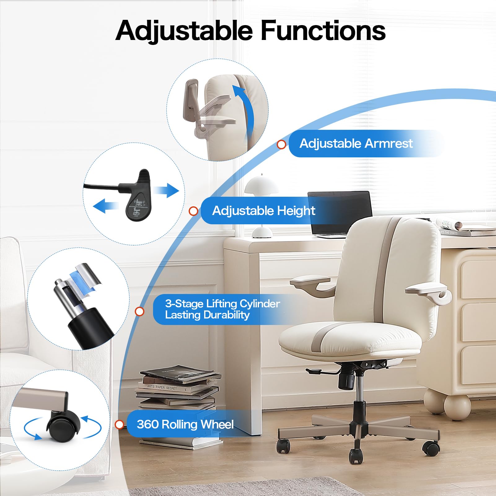 LEAGOO Home Office Desk Chairs with Wheels, Small Desk Chair with Mid-Back, Comfy Flip-up Arms Adjustable PU Leather Swivel Computer Chair, Ergonomic Task Chair for Space Saving, Bedroom, Study, White