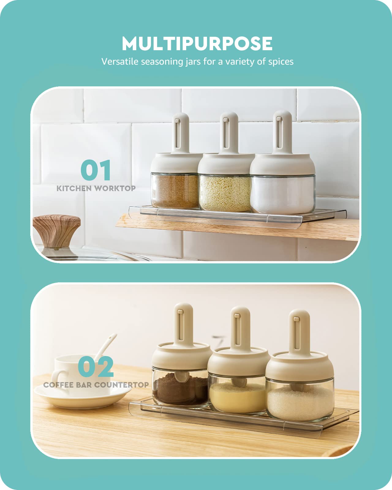 Baffect Spice Containers, Set of 3 Coffee Bar Sugar Jars with Adjustable Spoons, Glass Salt Bottles with a Tray for Kitchen Seasonings (Apricot White)