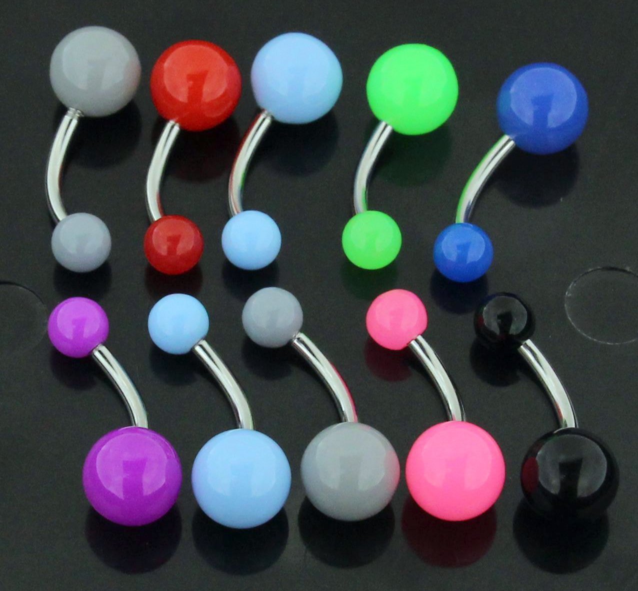 AtoZ Piercing 10 Pieces Pack of UV Solid Colored Ball with 14 Gauge - 10MM Length 316L Surgical Steel Banana Belly Button Rings