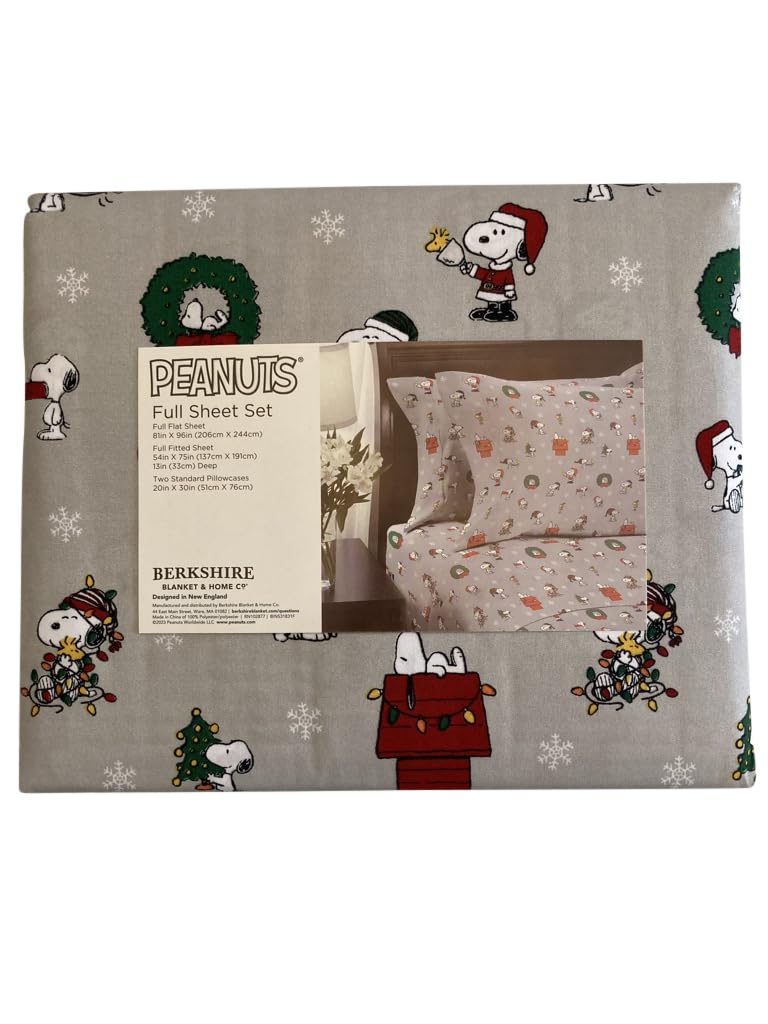 BLUE HERON WEST Peanuts Christmas Sheet Set - Wreaths and Lights - Gray Background (Full)