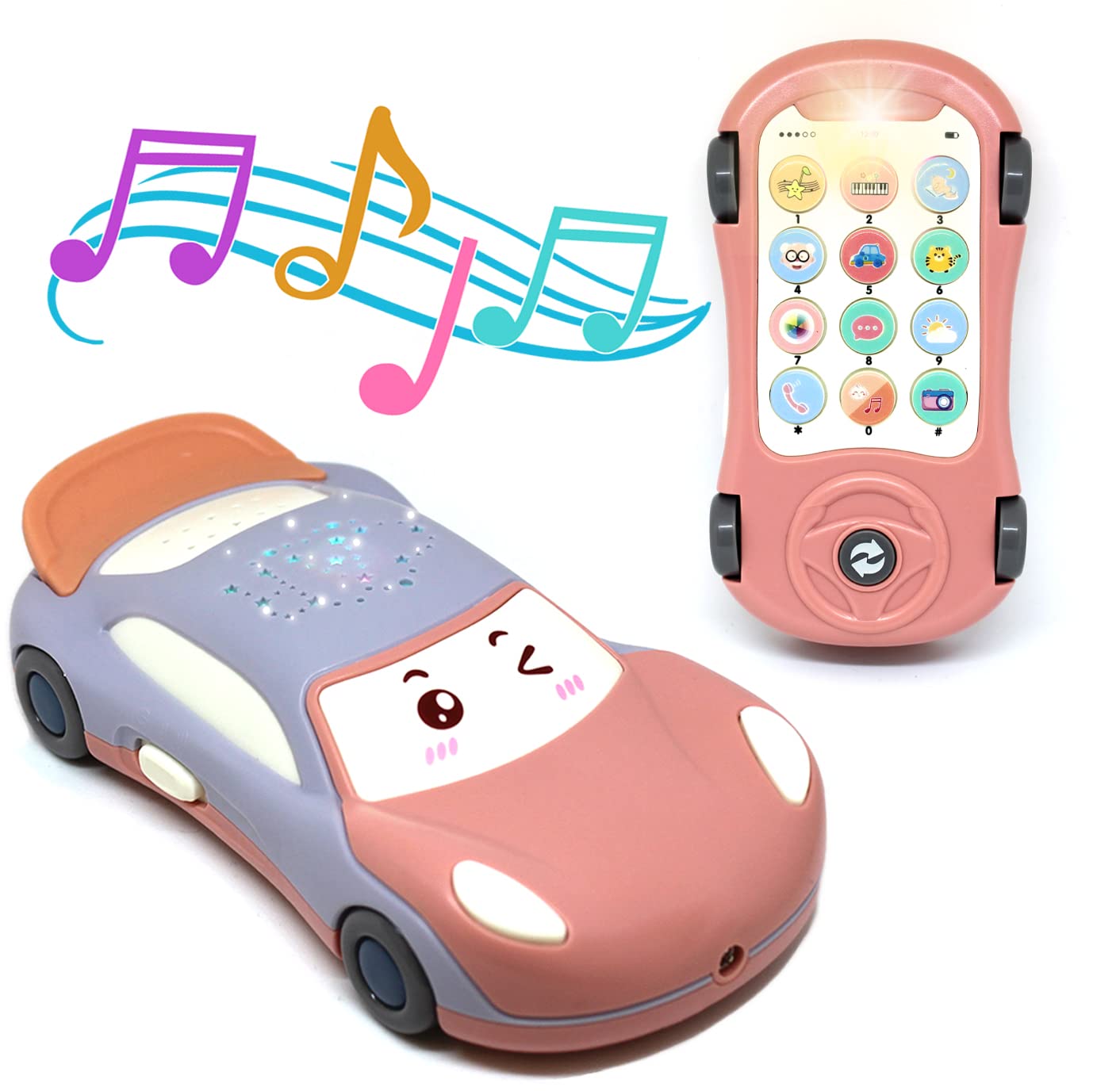 Lukax Baby Phone Toys for 1 2 3 Years Old Girl, Musical Car Toys with Star Projector, Toy Phone Baby Toys 18 Months+, Early Education Learning Toys Gift for Boys Toddlers Kids (Pink)