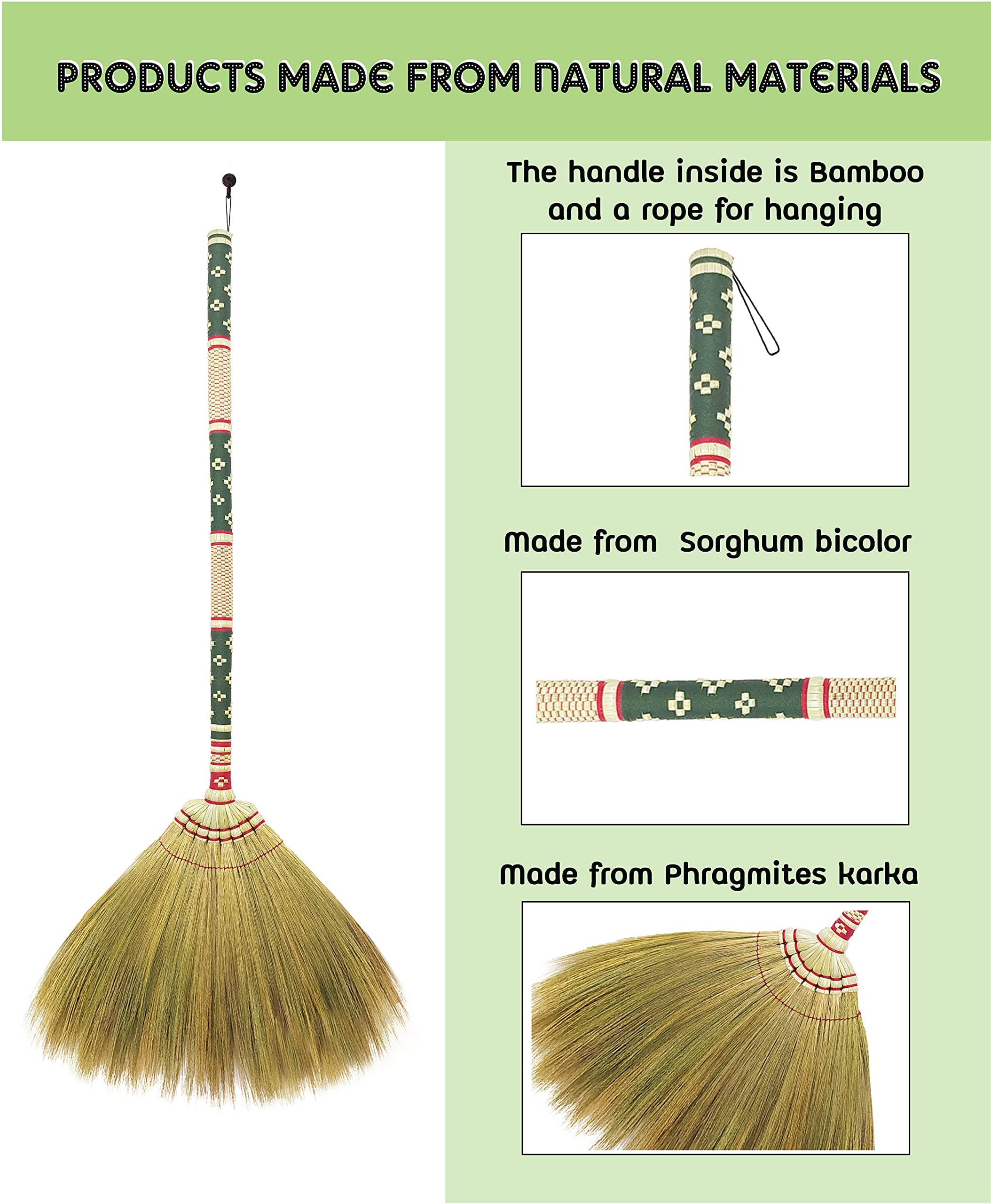 Thai Vintage Retro Grass Broom Stick,Asian Straw Broom for Wedding Jumping,Witch Broom,House Broom,Long Broom with Solid Wood Handle Primitive Sweeping Dirt Dust Garbage