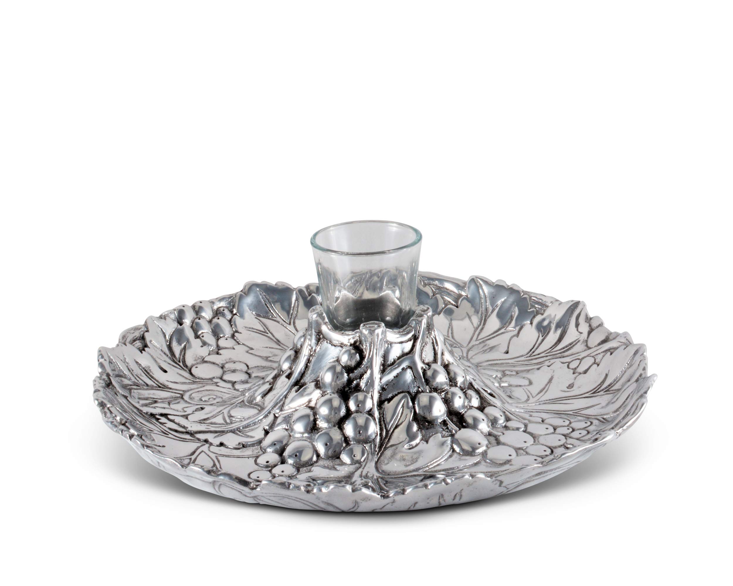 Arthur Court Aluminum Metal Grape Pattern Tidbit Cheese Hors d'oeuvres Tray with Glass for Toothpick - Entertaining Small Platter 10 inch Diameter x 2.25 inch Tall