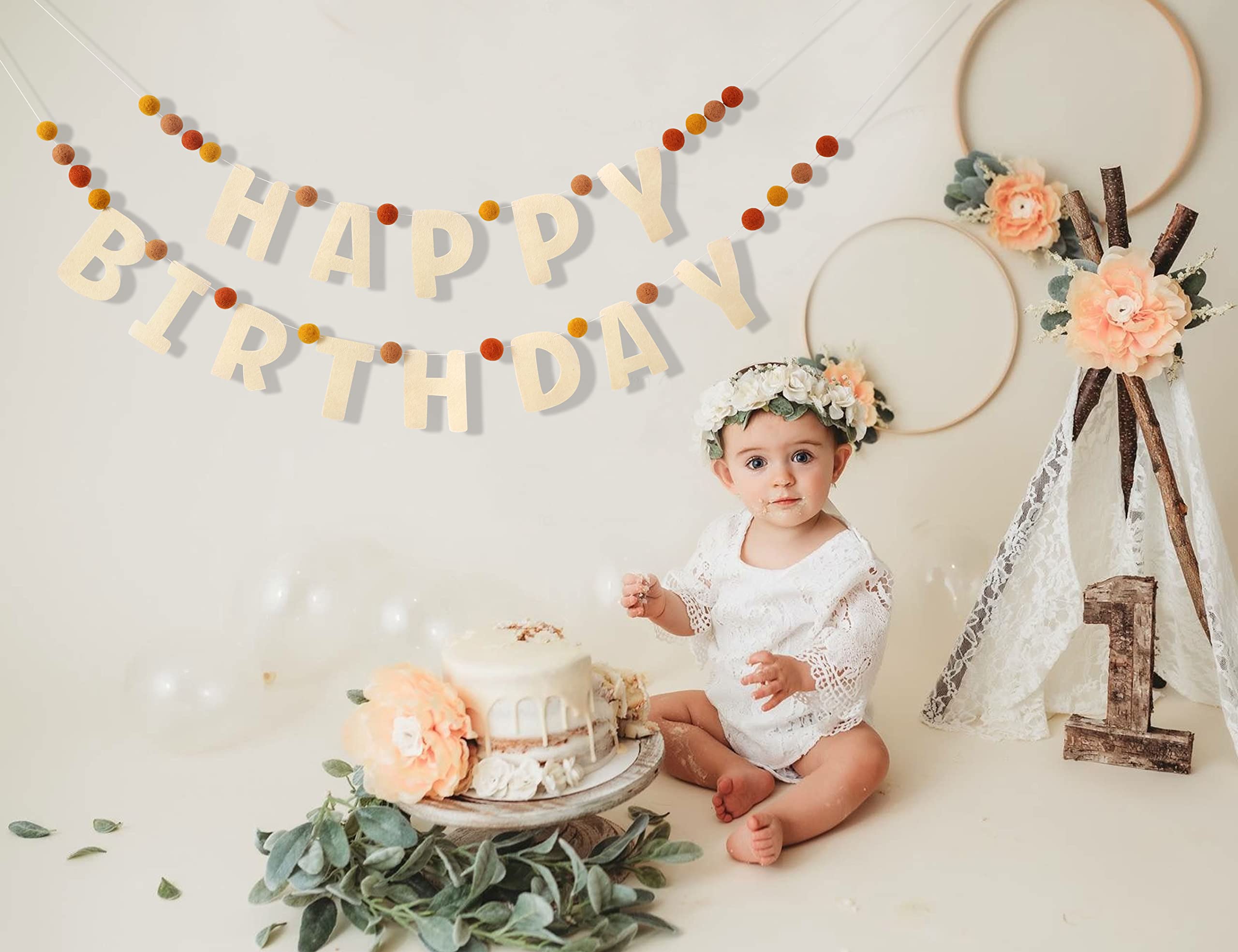 Boho Felt Happy Birthday Garland - Natural Handmade Wool Letters & Balls, Boho Birthday Decoration, Decorations for Children's Birthday Parties, Assembled Happy Birthday Banner